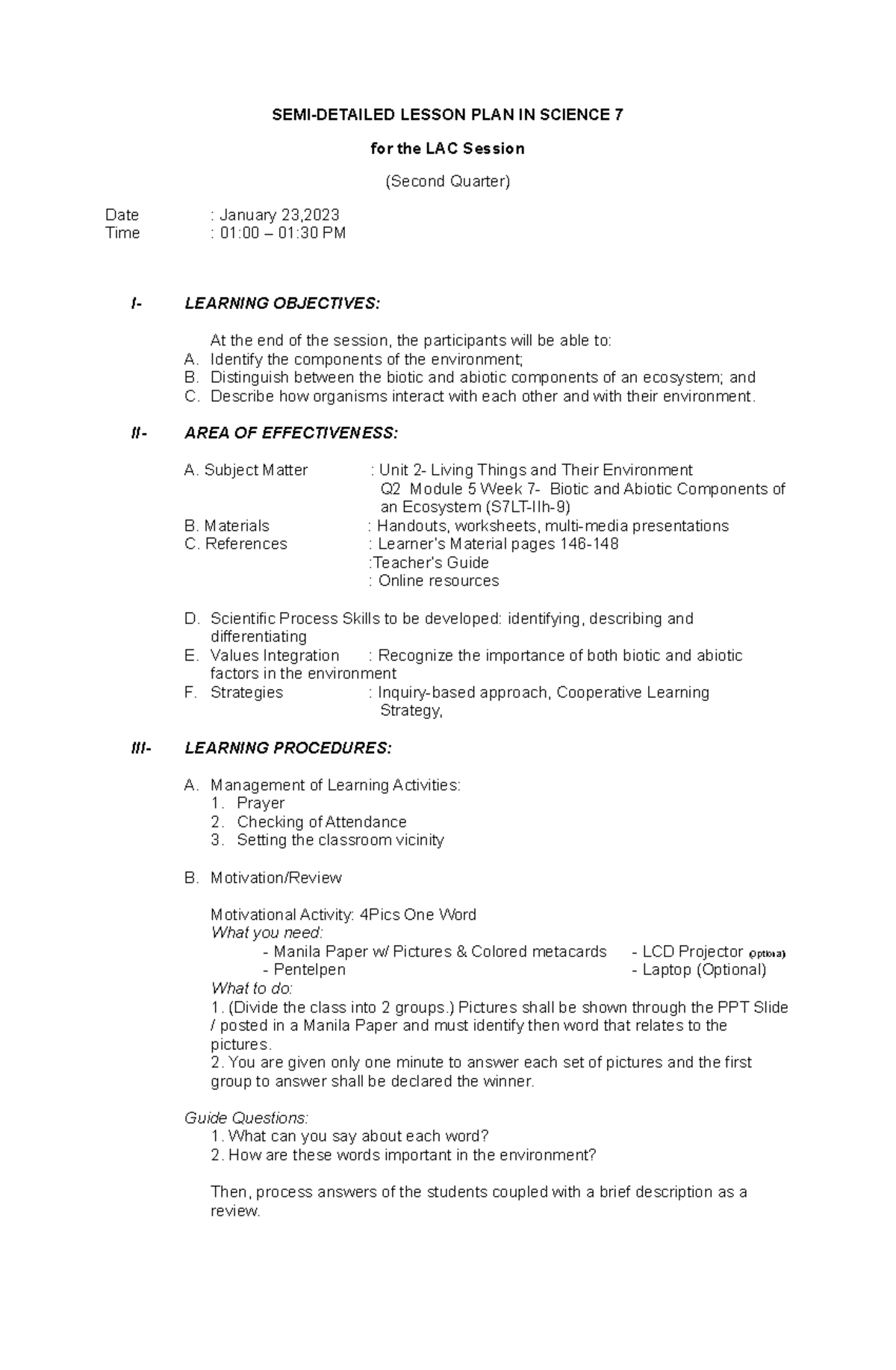 Lesson plan for LAC1 yeng - SEMI-DETAILED LESSON PLAN IN SCIENCE 7 for ...