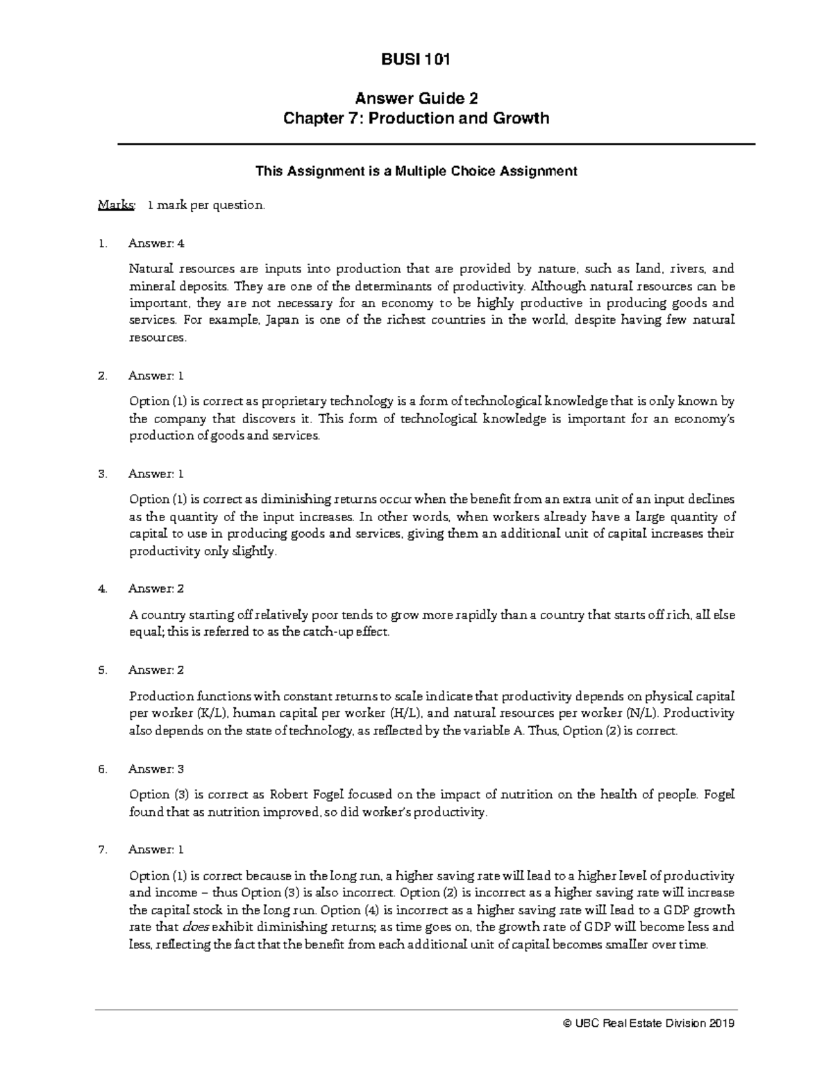 Assignment 2 - Answer Guide - BUSI 101 Answer Guide 2 Chapter 7: Production and Growth This ...
