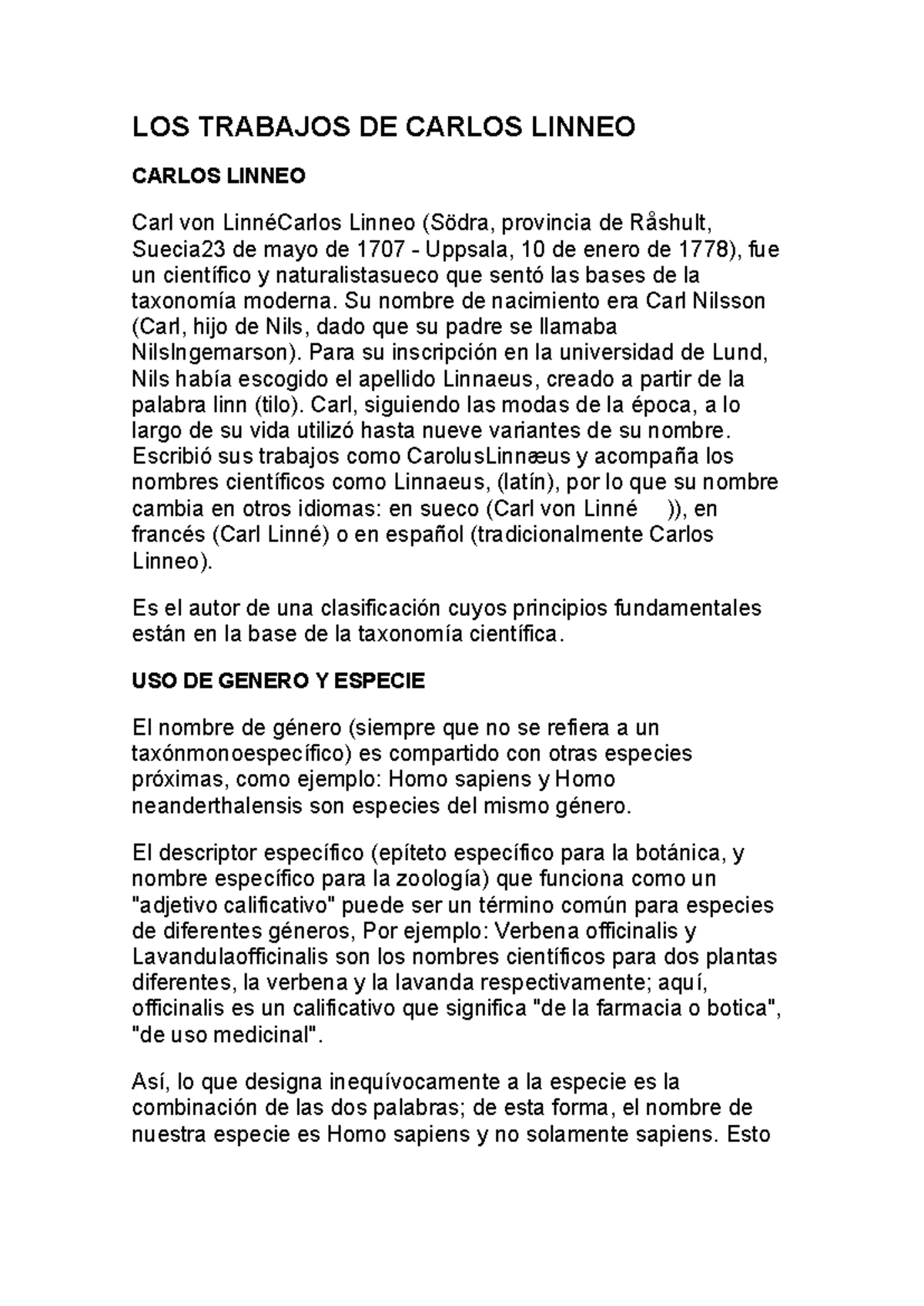 Aportes Cientificos - LOS TRABAJOS DE CARLOS LINNEO CARLOS LINNEO Carl ...