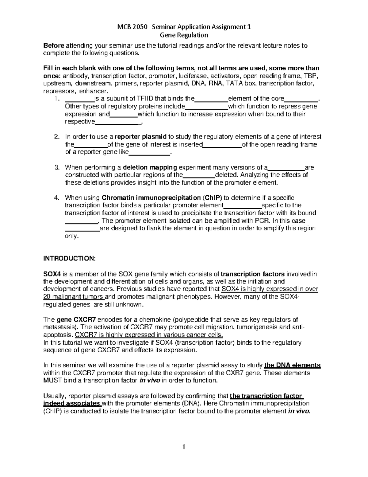 Gene regulation Seminar 1 PDF1 - MCB 2050 Seminar Application ...