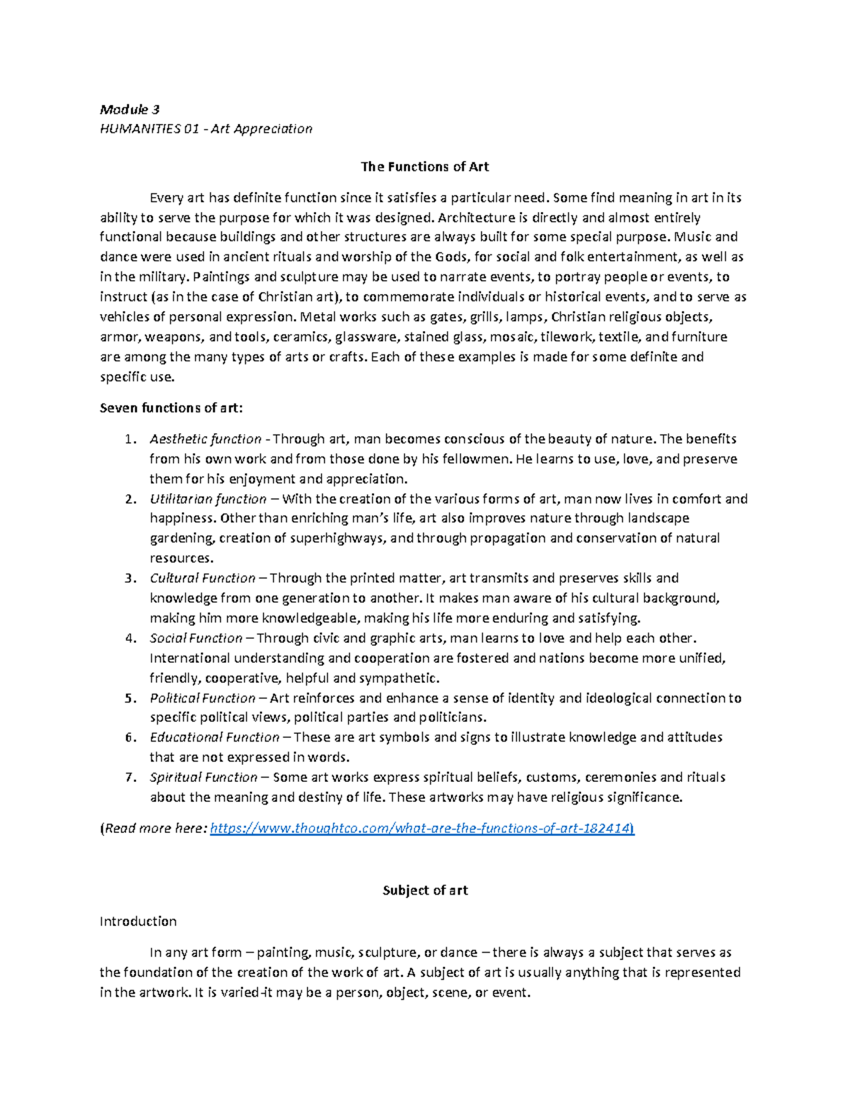 Module 3 Humanities 01 - ghv - Module 3 HUMANITIES 01 - Art Appreciation The Functions of Art ...