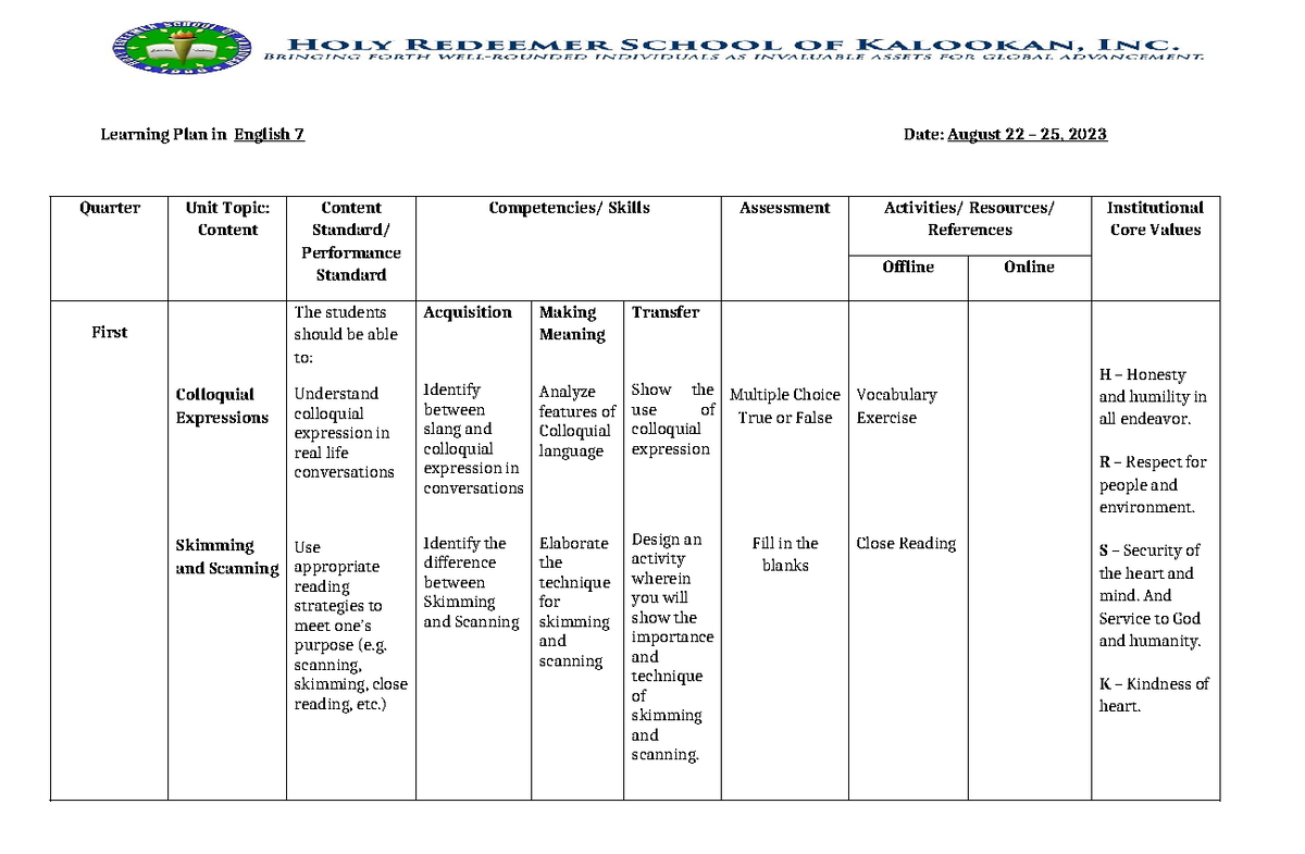 English 7 - Sample Learning Plan - Learning Plan in English 7 Date: August 22 – 25, 2023 Quarter ...