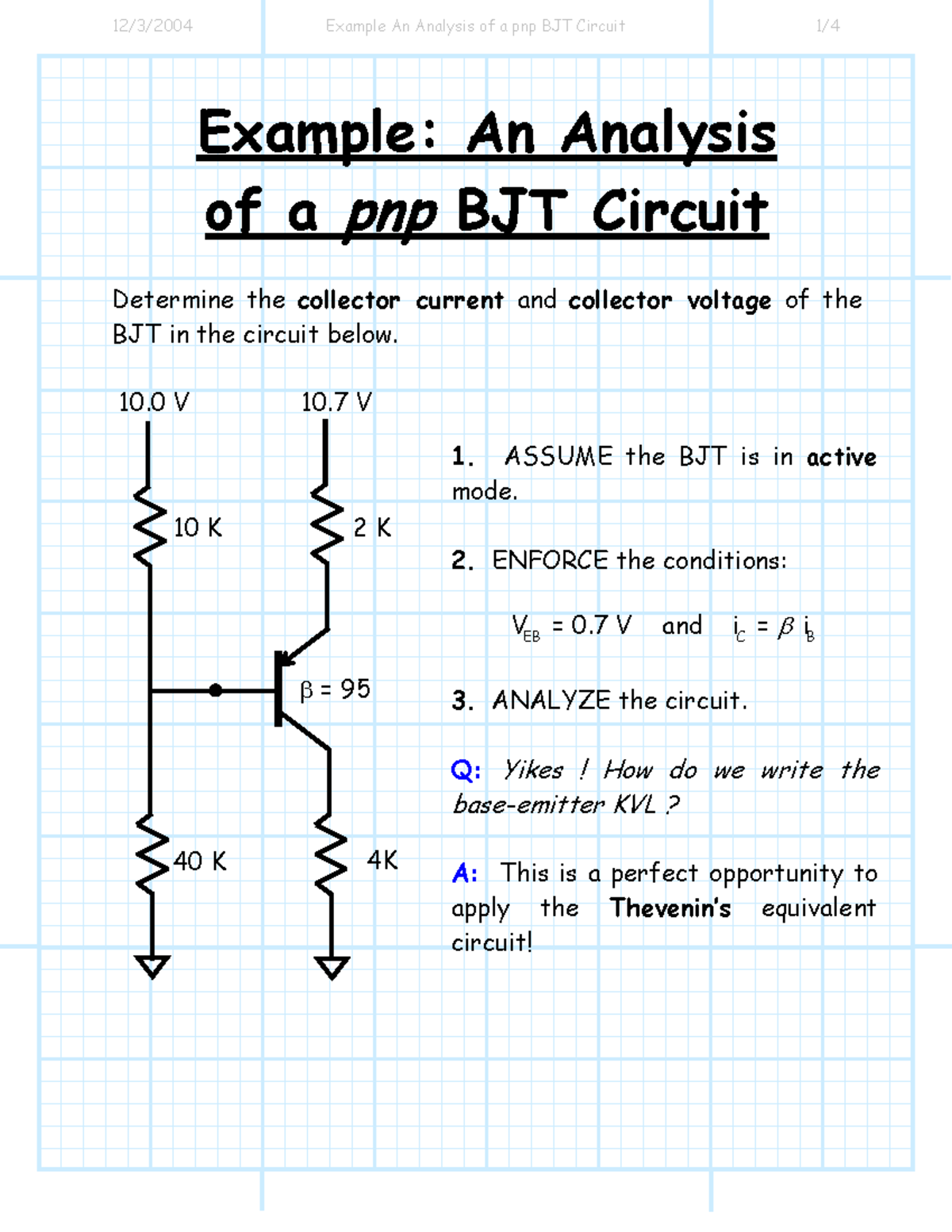 Pnp example - Example: An Analysis of a pnp BJT Circuit Determine ...