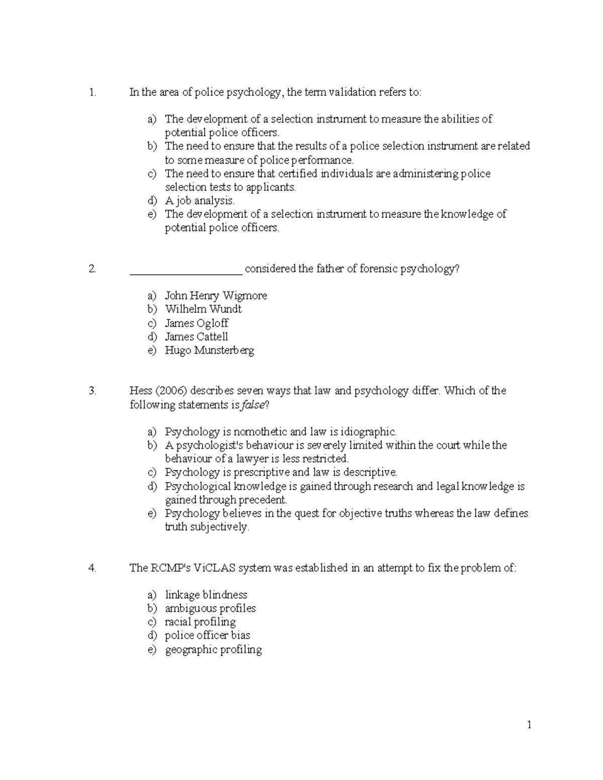 Sample midterm exam - In the area of police psychology, the term ...