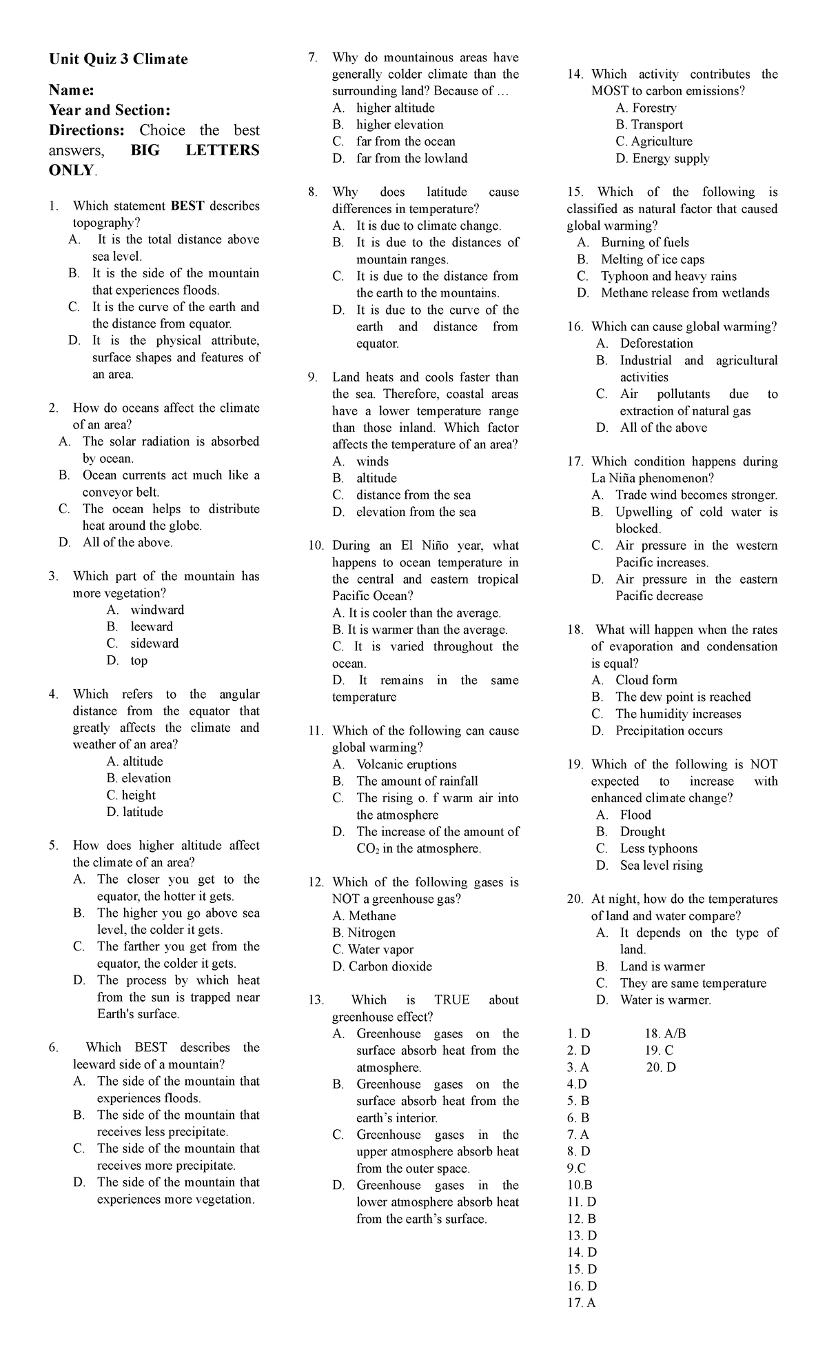 2ND Quiz (MOD2) - quiz - Unit Quiz 3 Climate Name: Year and Section ...