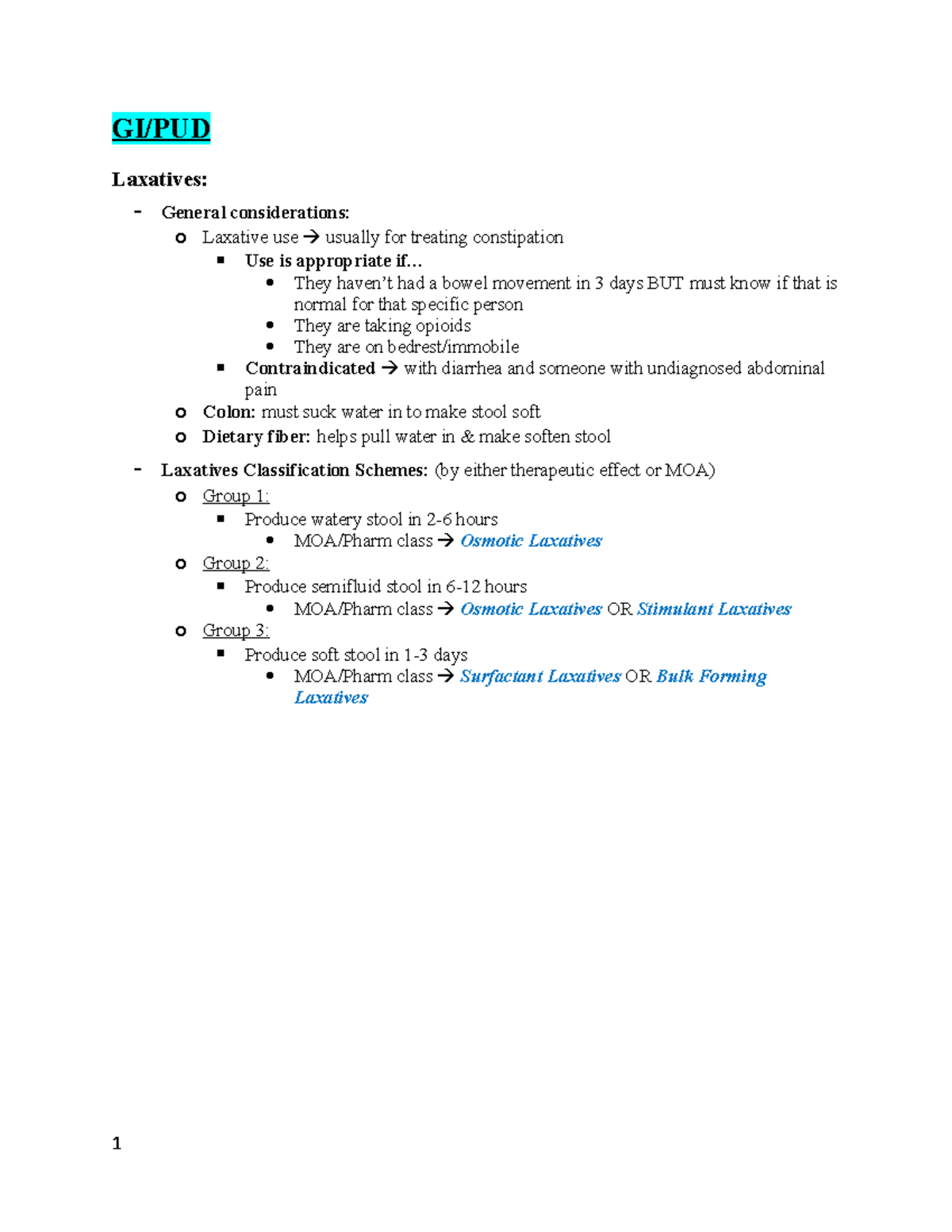 Midterm SG - Exam 1 Study Guide - GI/PUD Laxatives: - General ...