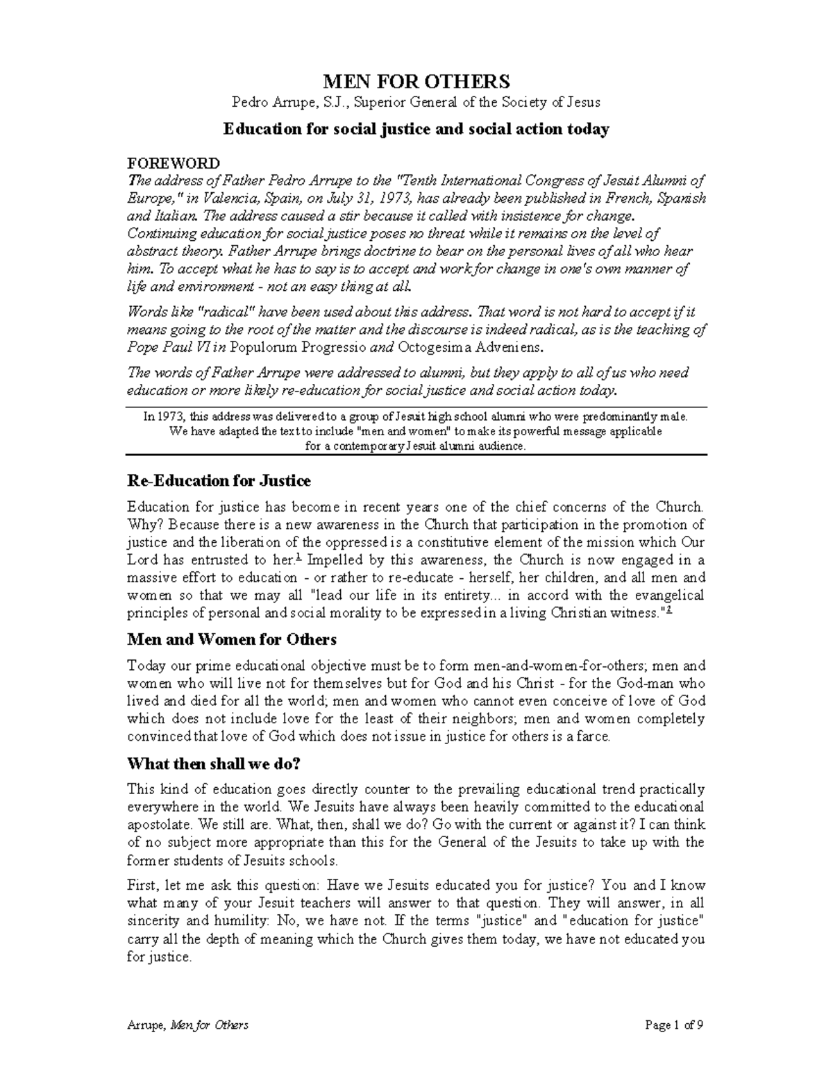 Arrupe Men For Others - MEN FOR OTHERS Pedro Arrupe, S., Superior ...