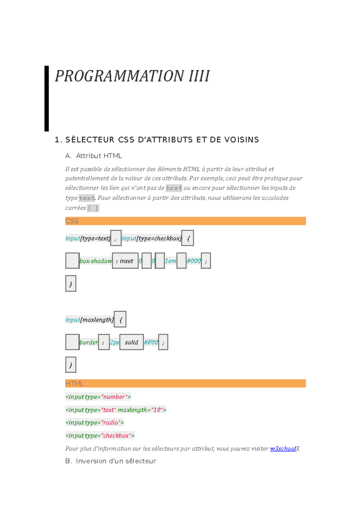 Programmation III - Notes Cours Prt 5 - PROGRAMMATION IIII 1. SÉLECTEUR ...