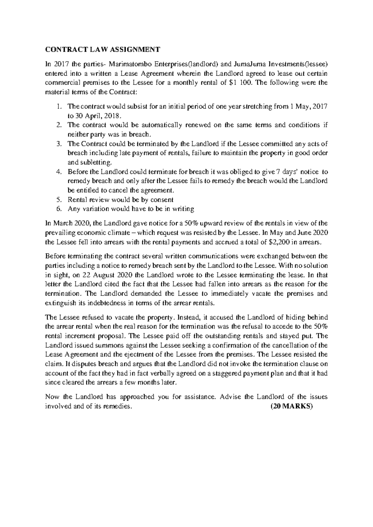 Contract law assignment - CONTRACT LAW ASSIGNMENT In 2017 the parties- Marimatombo - Studocu