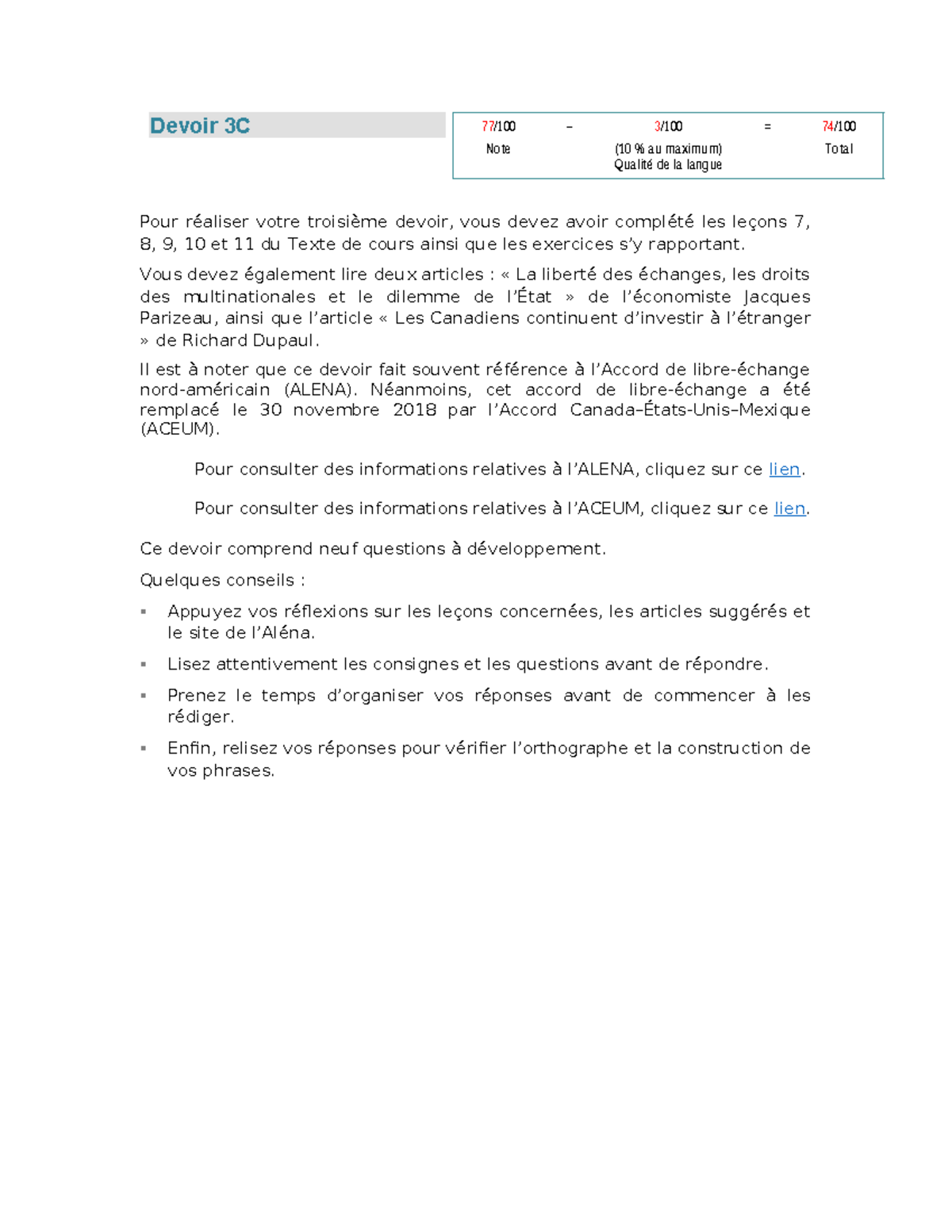 Devoir 3 économie-cégep - Devoir 3C 77 / 100 Note – 3 / 100 (10 % au ...