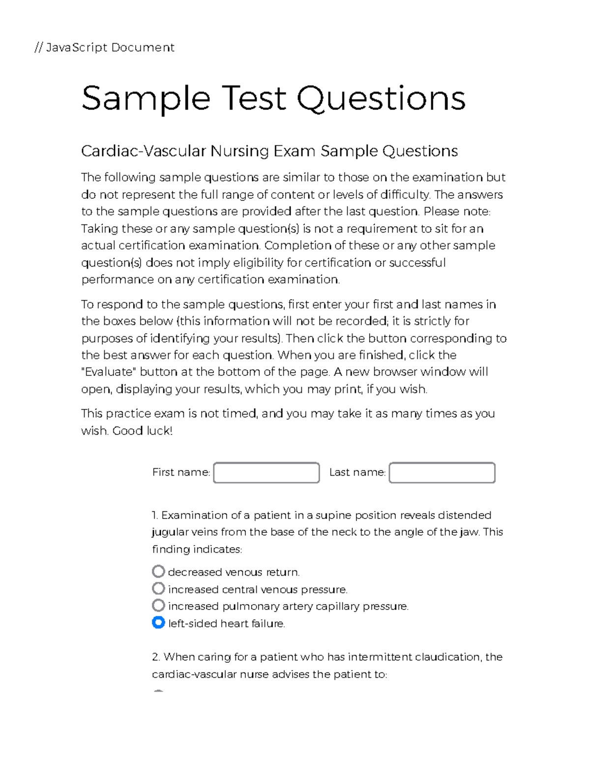 Cardiac-Vascular Nursing Exam Sample Questions ANA - // JavaScript ... Cardiac-Vascular Nursing Exam Sample Questions ANA - // JavaScript ...