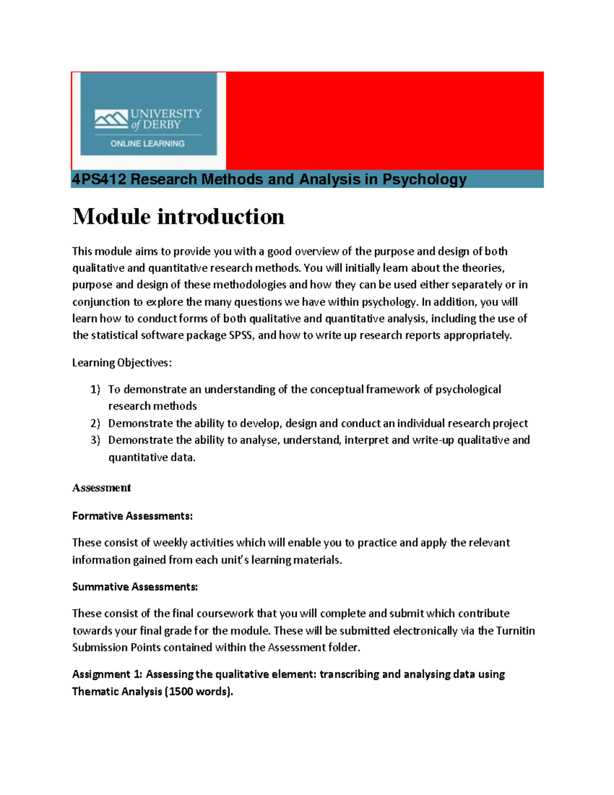 Unit 1 Introduction - 4PS412 Research Methods and Analysis in ...