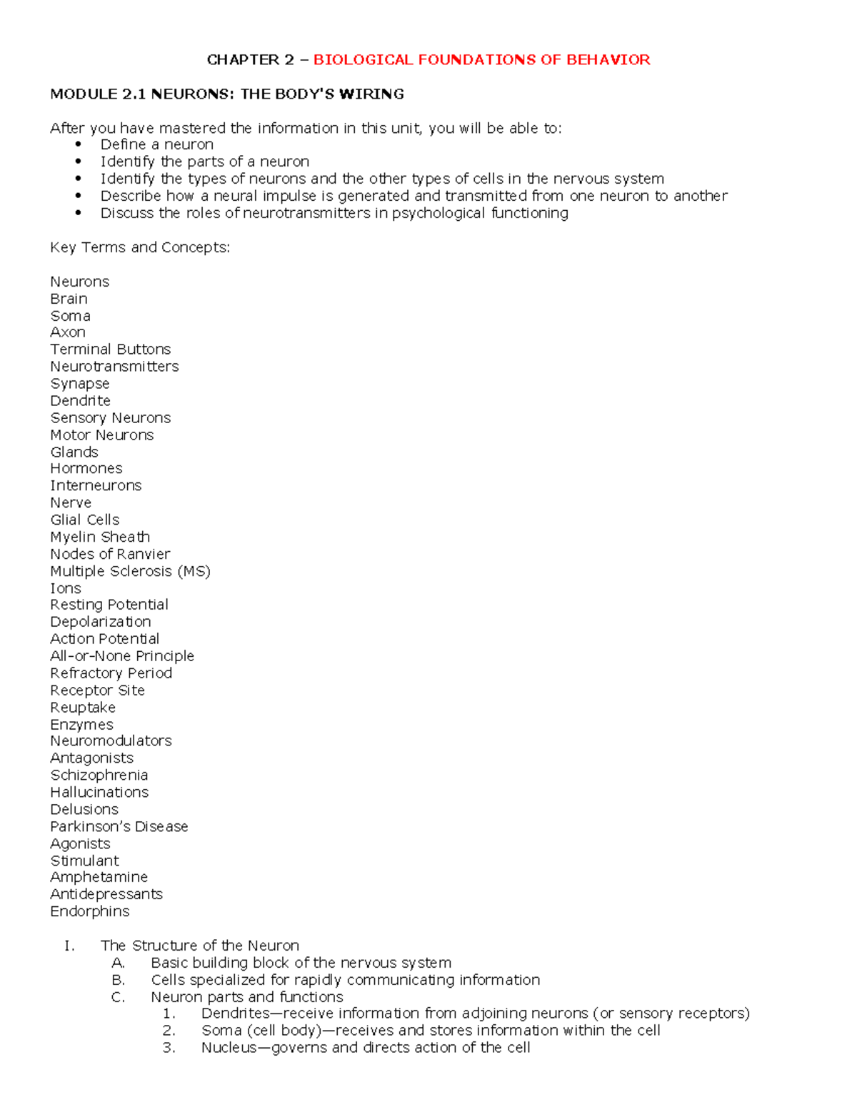 Ch02 Biological Foundations of Behavior - CHAPTER 2 – BIOLOGICAL ...