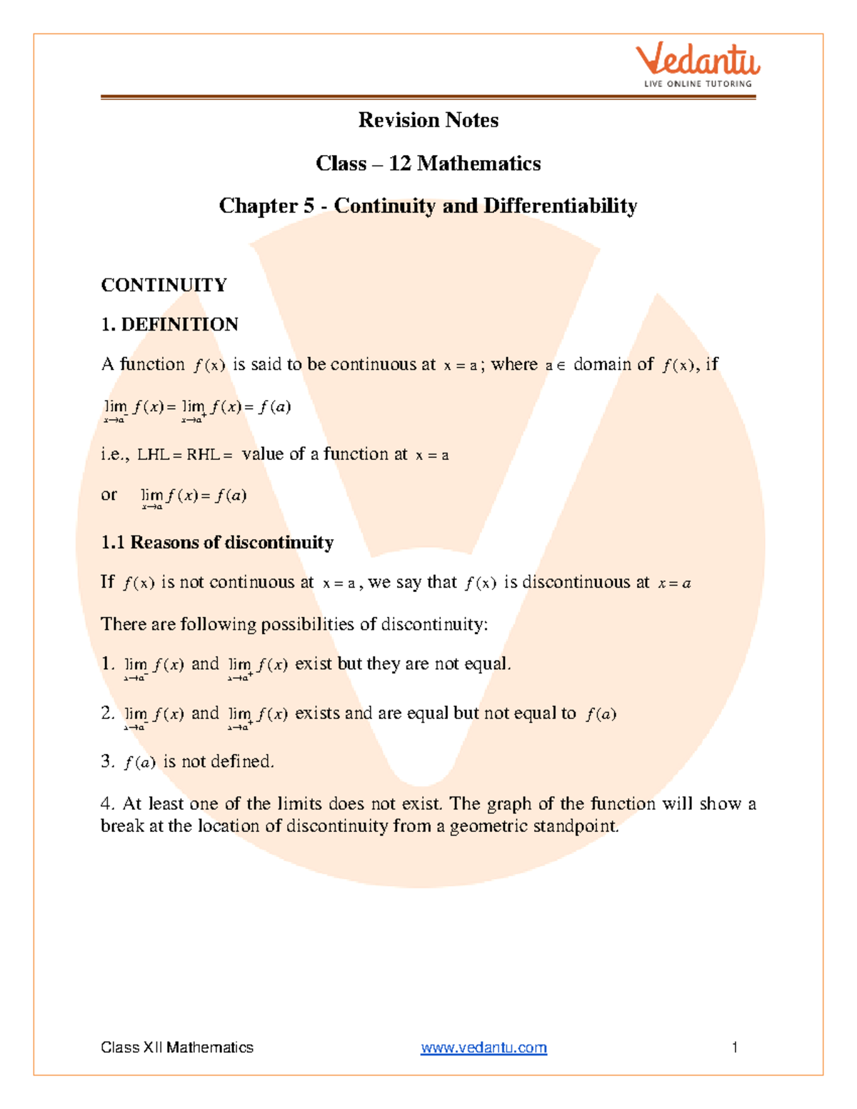 Class 12 Revision Notes Continuity and Differentiability - Revision ...