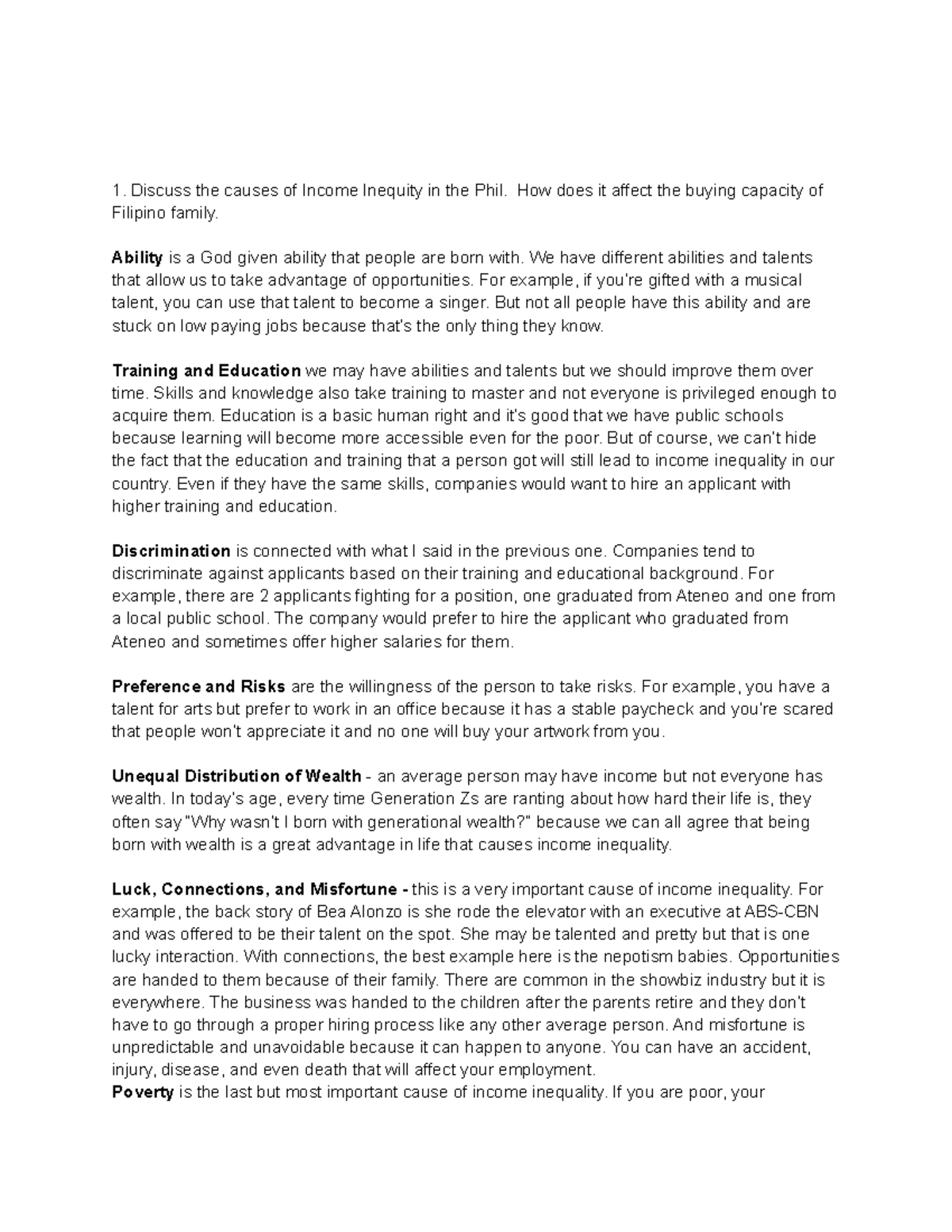 Microeconomics Income Inequality - Discuss the causes of Income ...