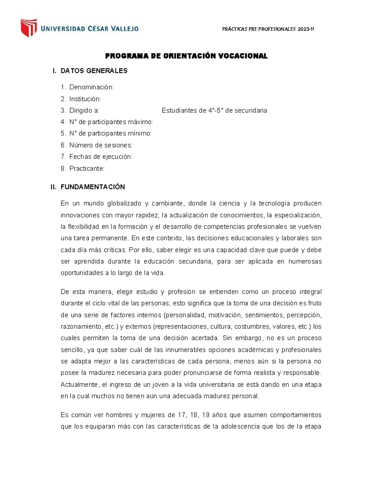 Formato DE Programa DE Orientacion Vocacional - PROGRAMA DE ORIENTACIÓN VOCACIONAL I. DATOS ...