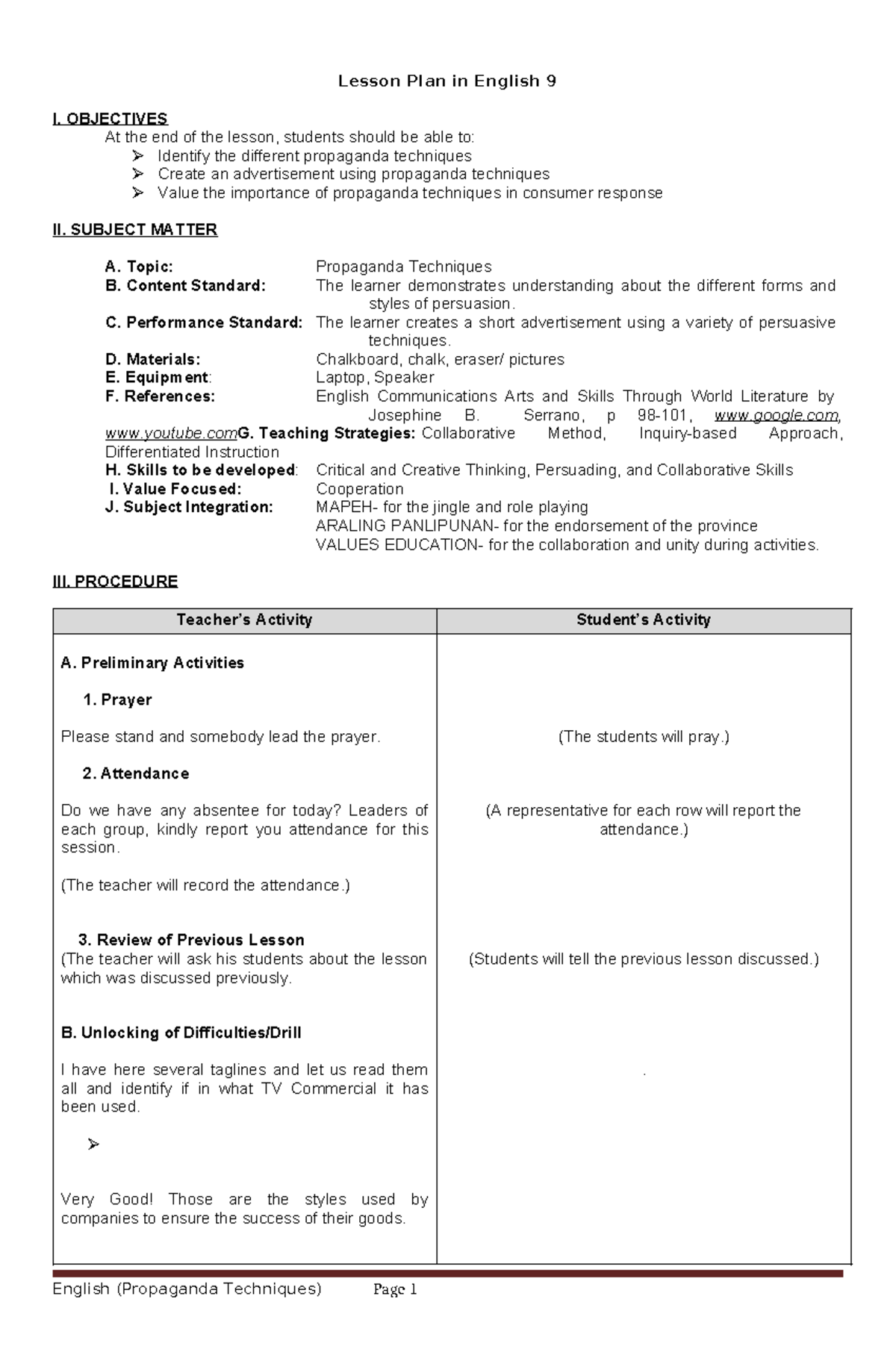 English 9- dlp - Lesson Plan in English 9 I. OBJECTIVES At the end of ...