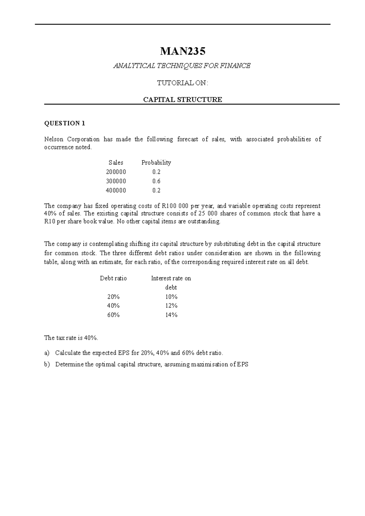 Tutorial 7 - Capital Structure - MAN ANALYTICAL TECHNIQUES FOR FINANCE ...