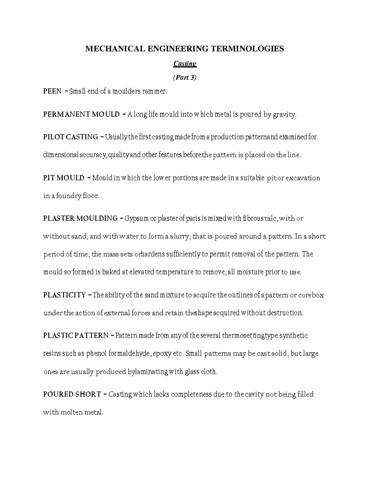 Mechanical Engineering Terms- Casting Part 3 - MECHANICAL ENGINEERING ...