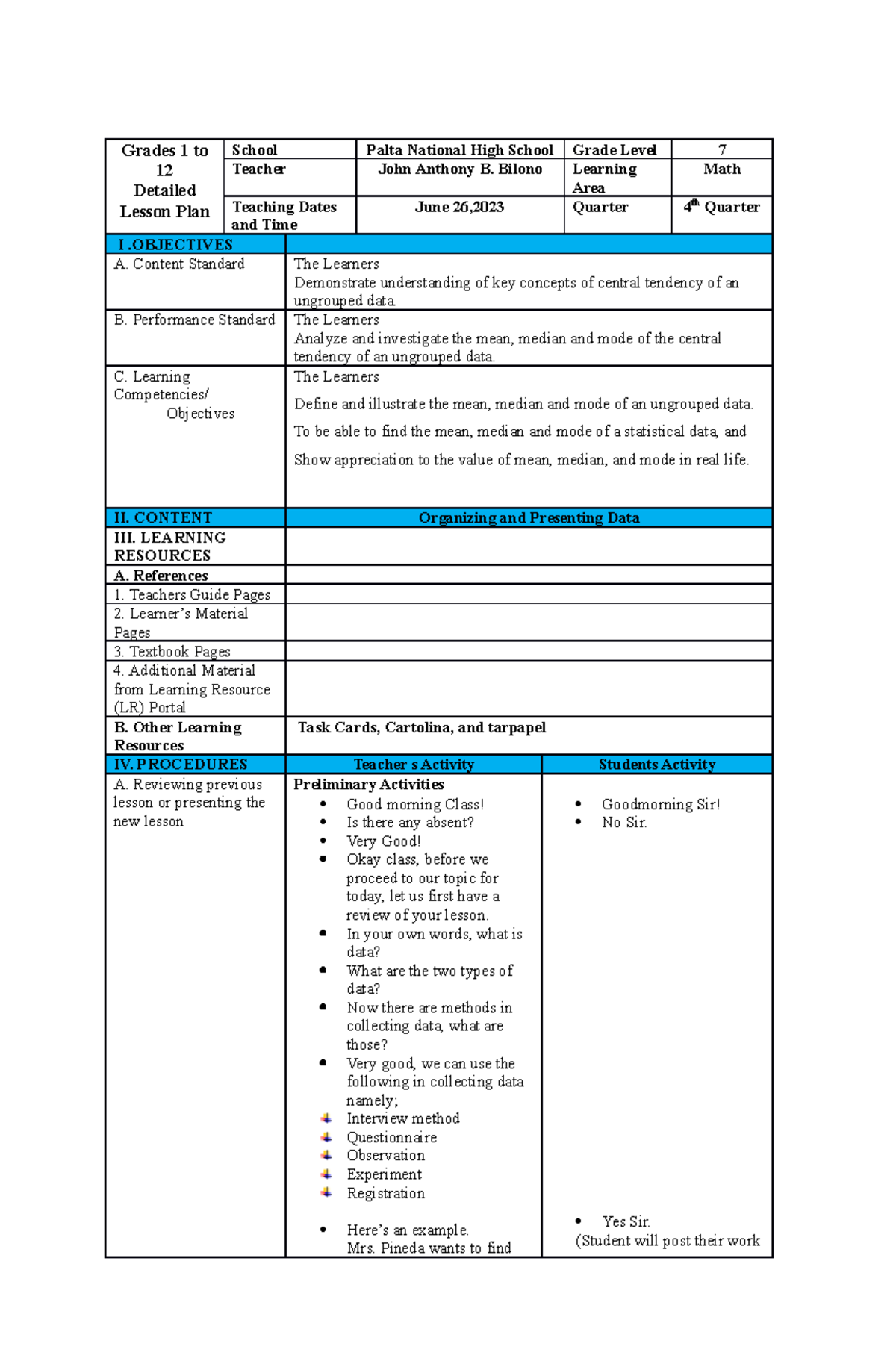 Organizing data - Grades 1 to 12 Detailed Lesson Plan School Palta ...