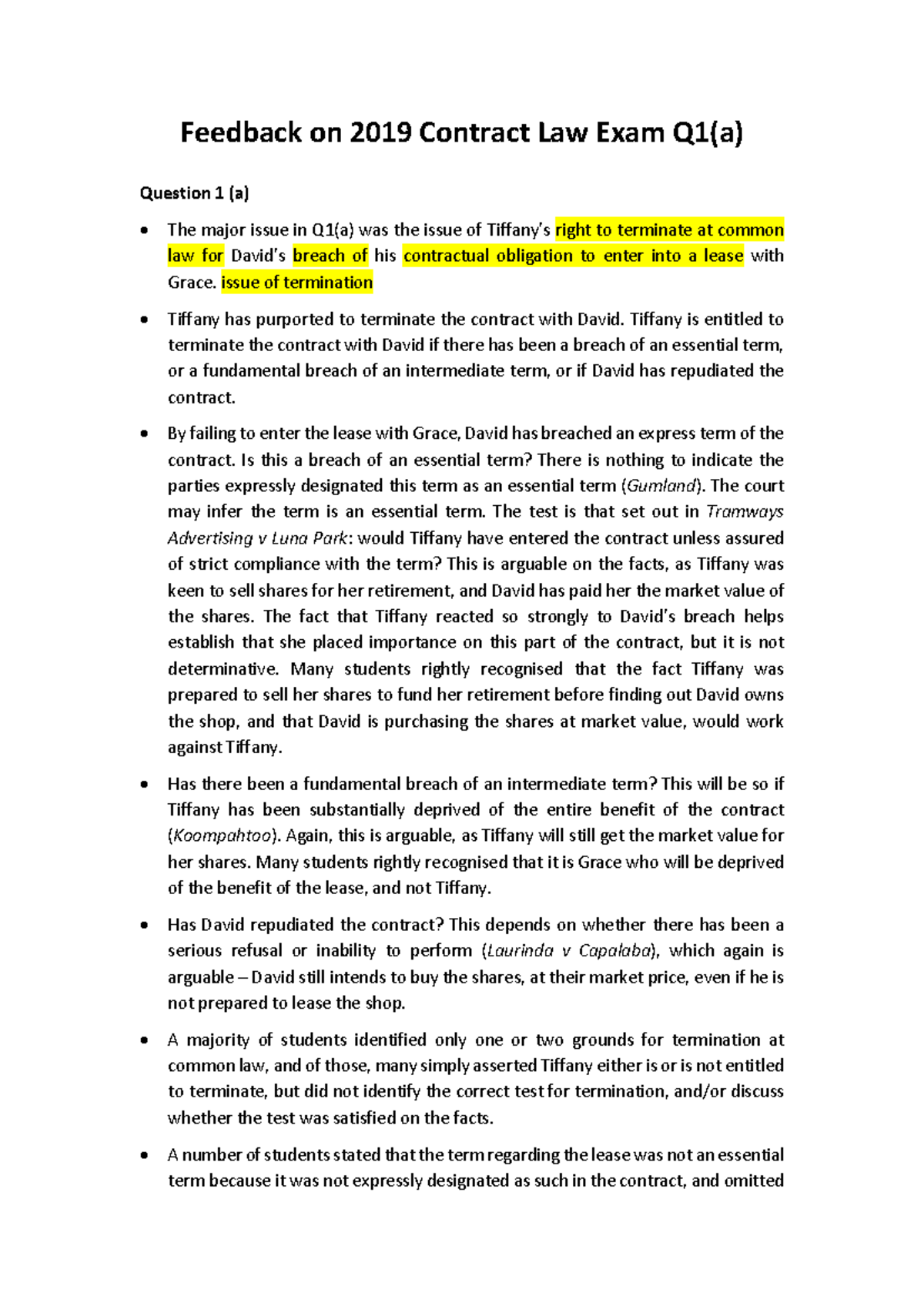 Contract Law 2019 exam feedback Q1(a) - Feedback on 2019 Contract Law ...