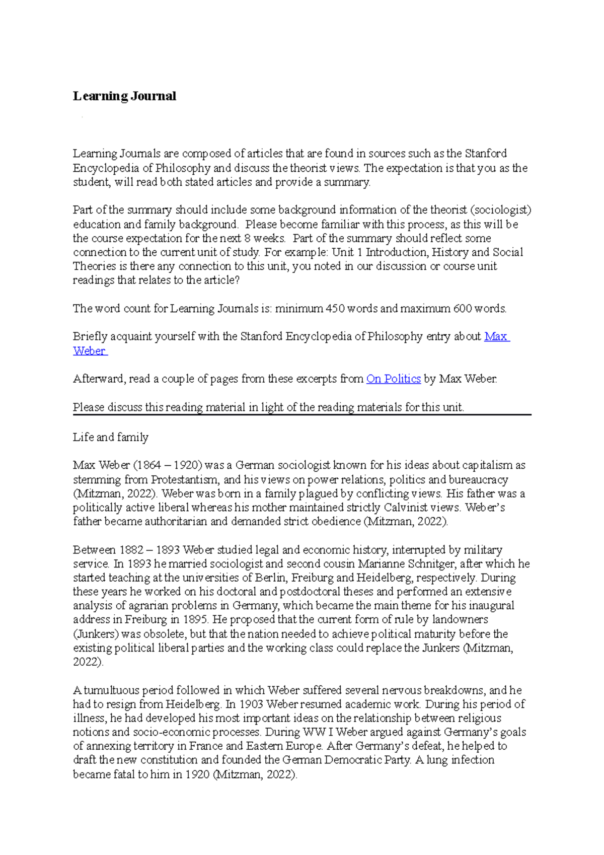 Unit 1 Learning Journal Max Weber - Learning Journal Learning Journals ...