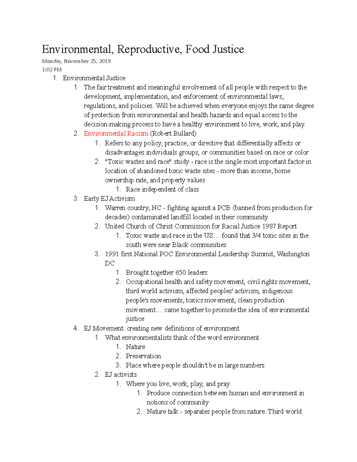 Environmental, Reproductive, Food Justice - Environmental Justice 1 ...