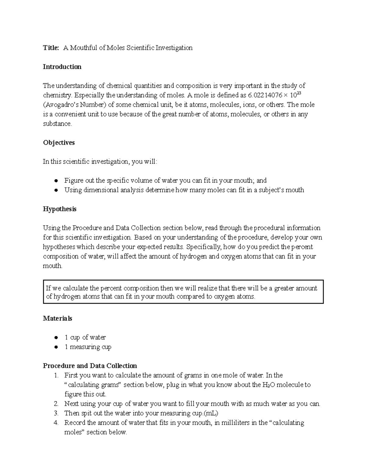 A Mouthful of Moles Scientific Investigation 1 - Title: A Mouthful of ...
