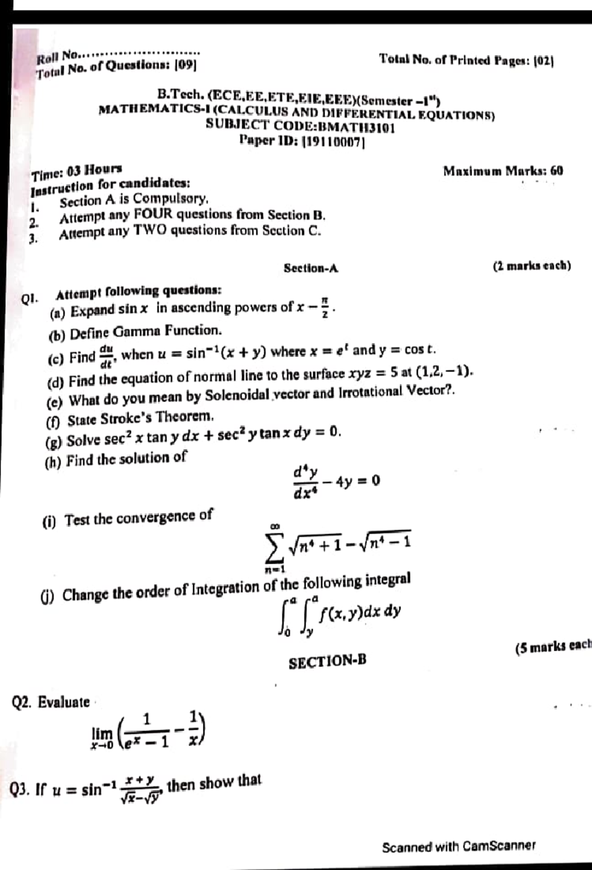 Math sem 1 - Question bank - Roll No Total No. of Questions: Total No. of Printed Pages: B ...