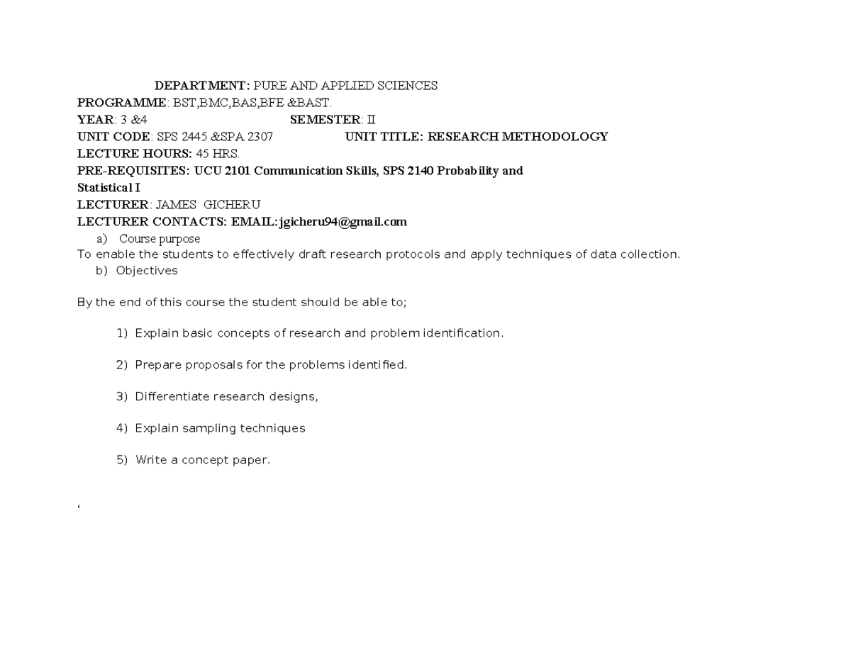 Research methodology course outline - DEPARTMENT: PURE AND APPLIED ...