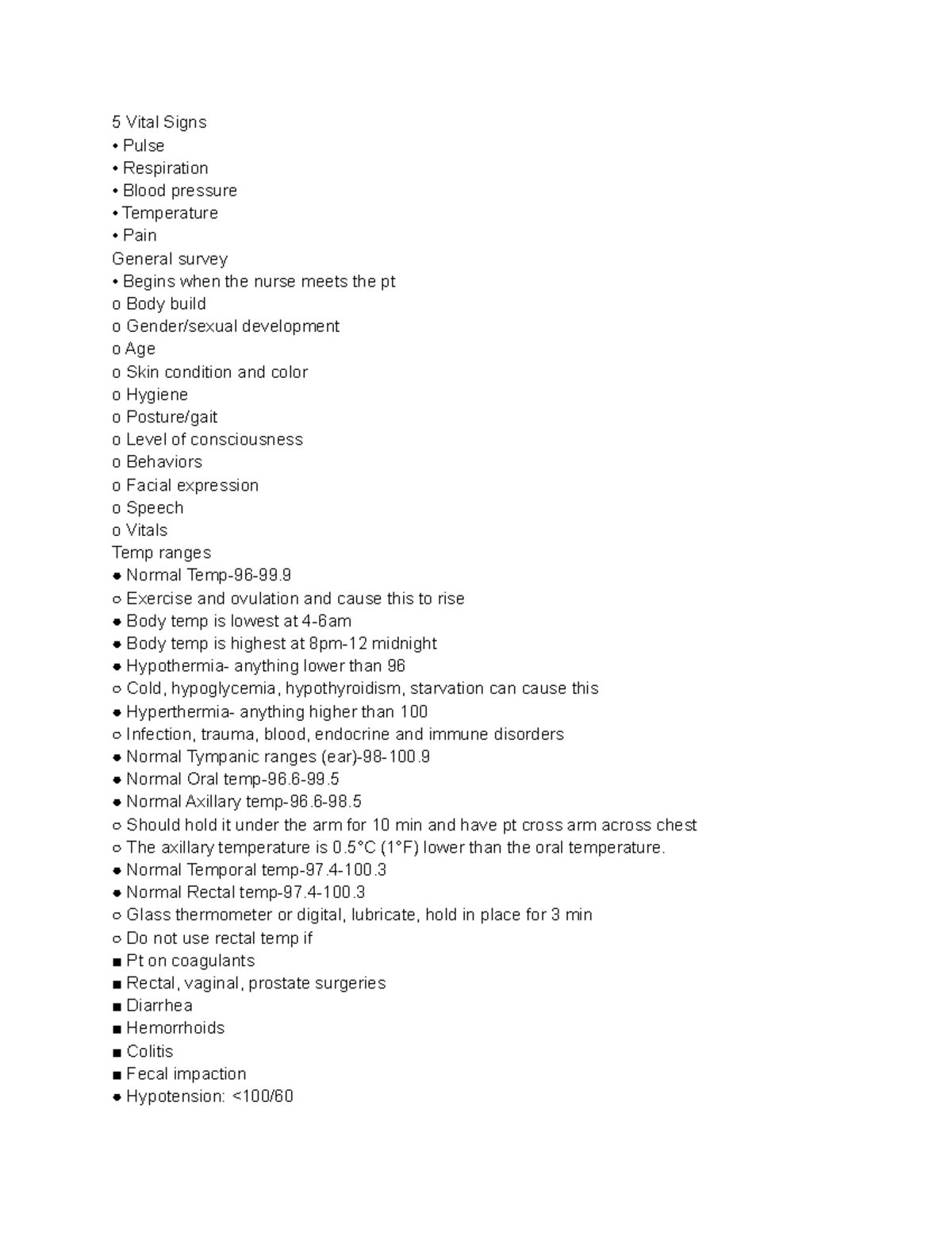 Nursing 1 Notes - 5 Vital Signs Pulse Respiration Blood pressure ...
