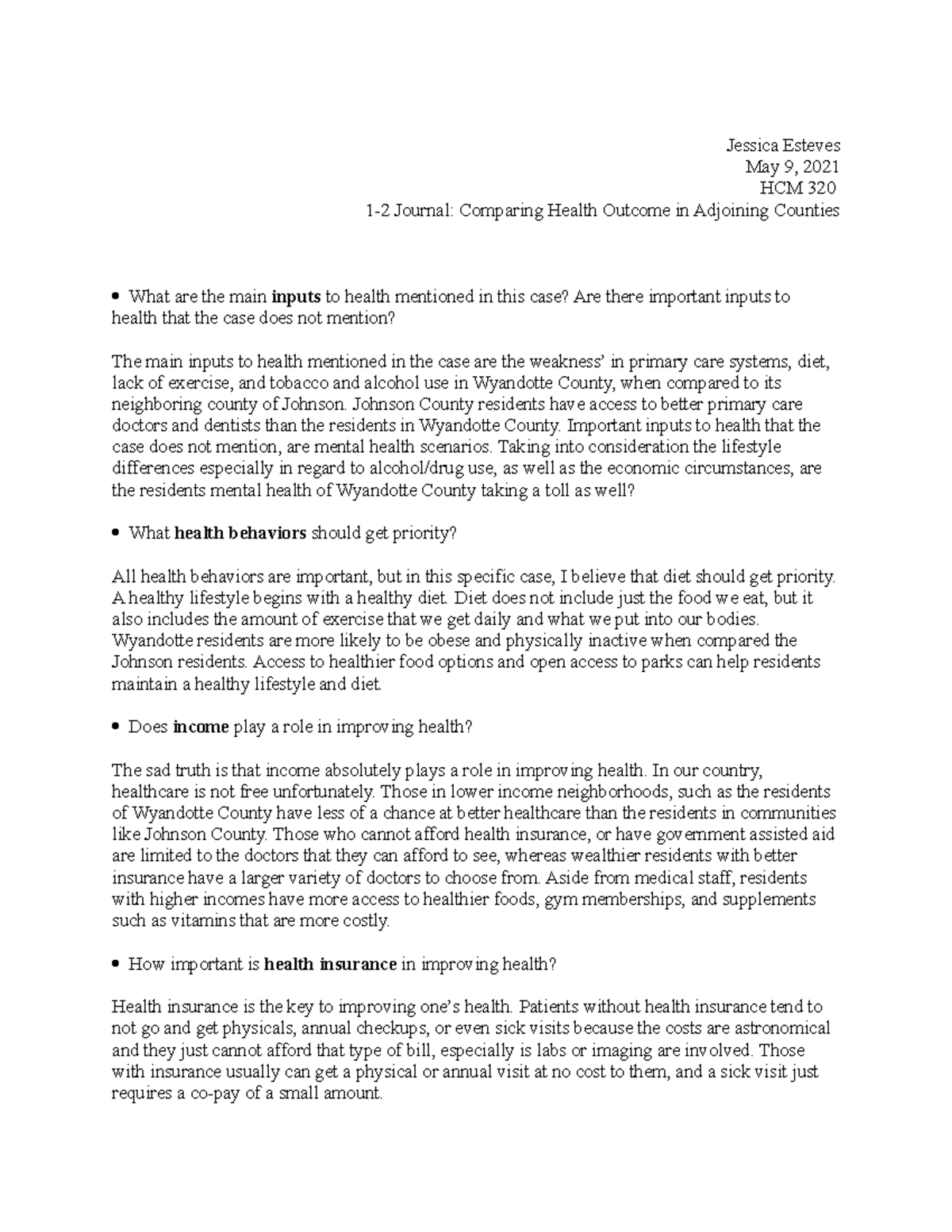 1-2 Journal - Jessica Esteves May 9, 2021 HCM 320 1-2 Journal ...