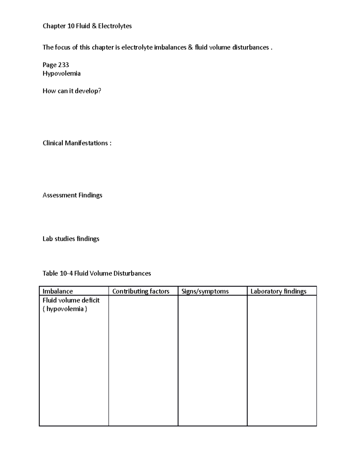 Reading lecture worksheet Chapter 10 Fluid & Electrolytes - The focus ...