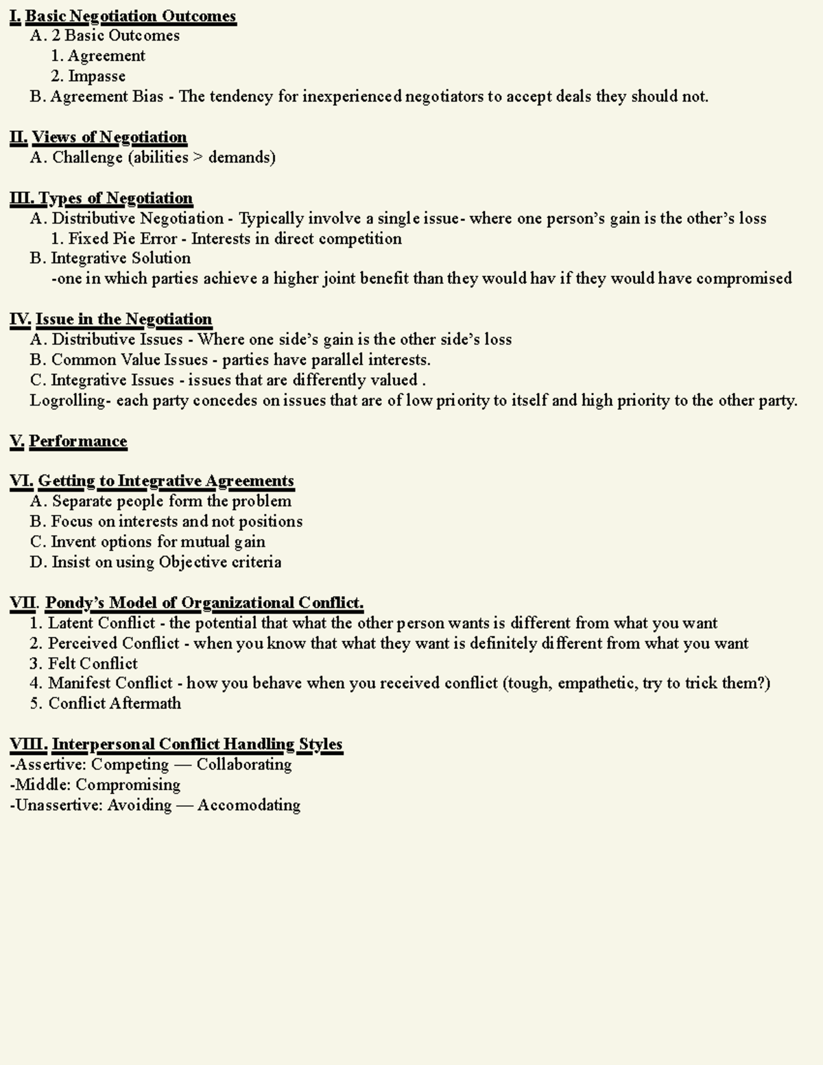 Conflict (Chapter 13) 11 15 - I. Basic Negotiation Outcomes A. 2 Basic ...