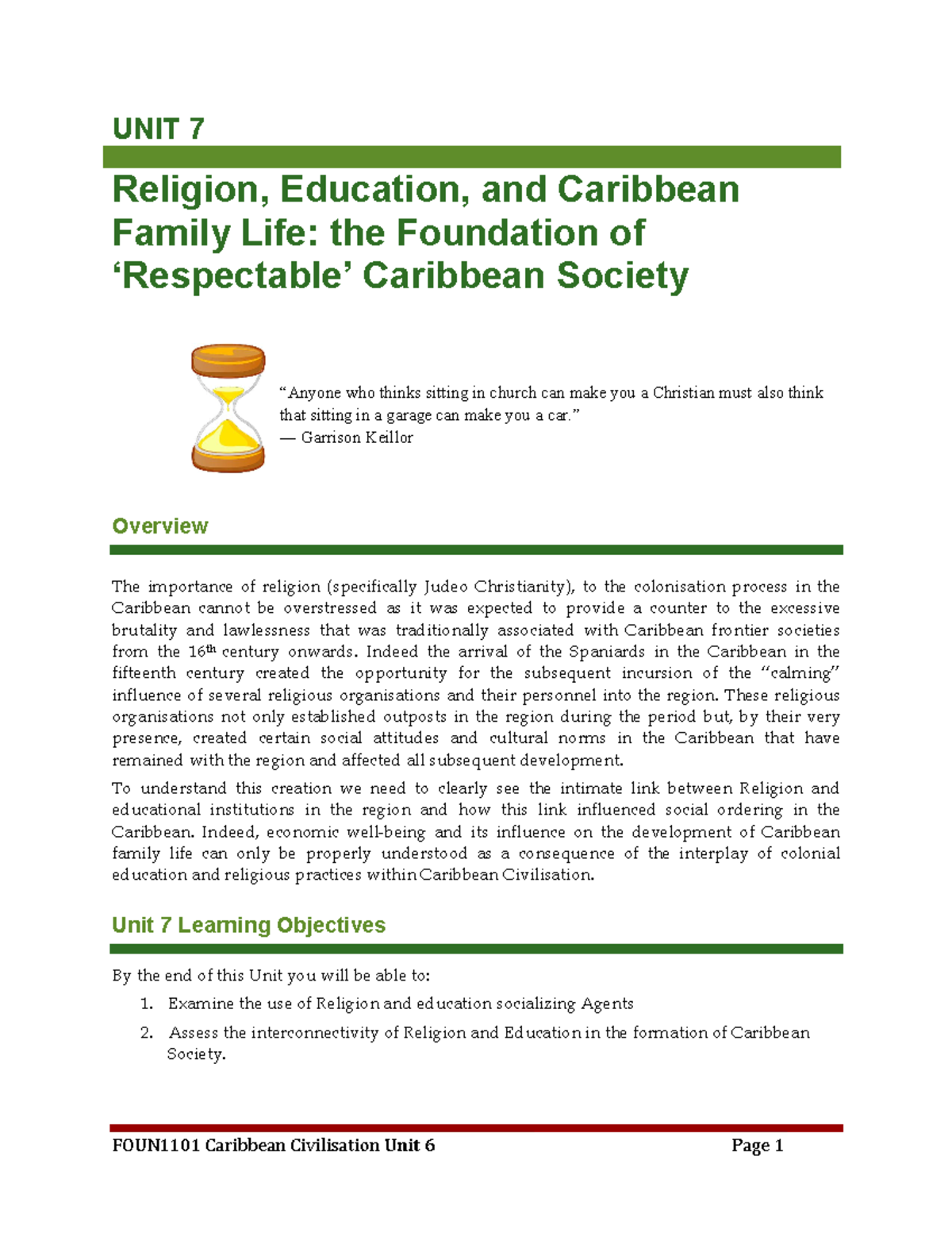FOUN1101 Unit 7 - UNIT 7 Religion, Education, and Caribbean Family Life ...