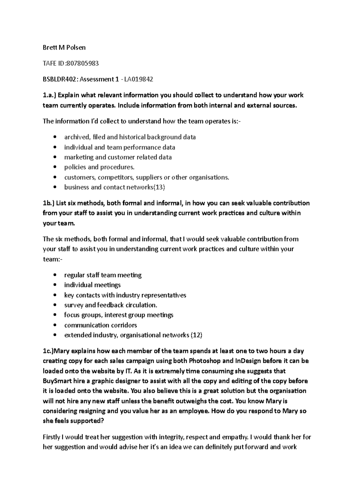 Bsbldr 402 Assessment 1 - LA019842 - Brett M Polsen TAFE ID: BSBLDR402 ...