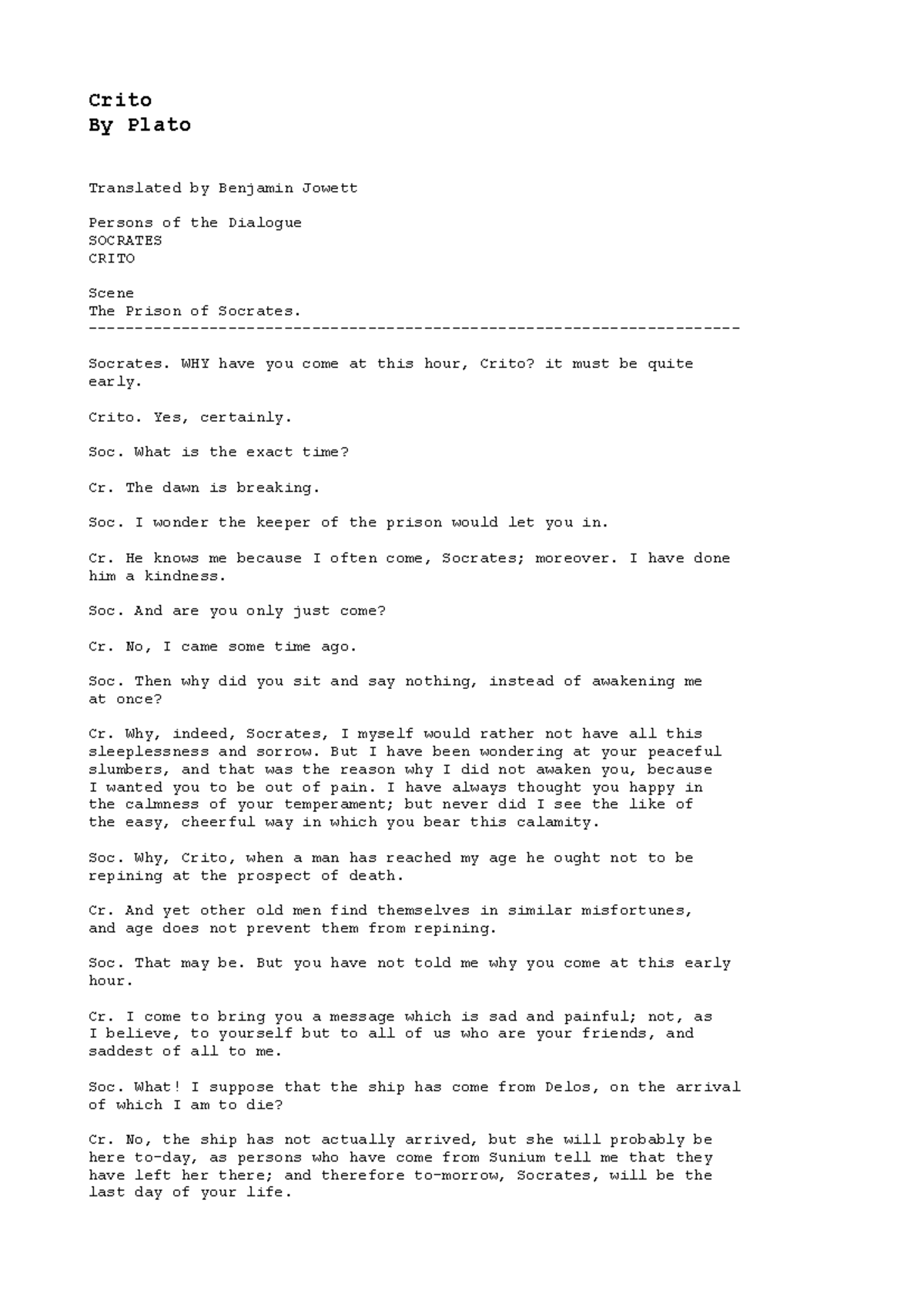Plato, - Crito 3 - BOOK - Crito By Plato Translated by Benjamin Jowett ...
