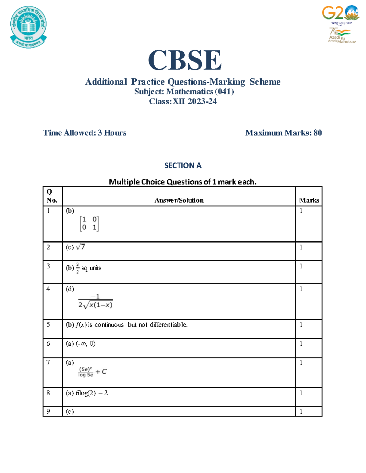 Maths-PQMS - CBSE Additional Practice Questions-Marking Scheme Subject: Mathematics (041) Class ...