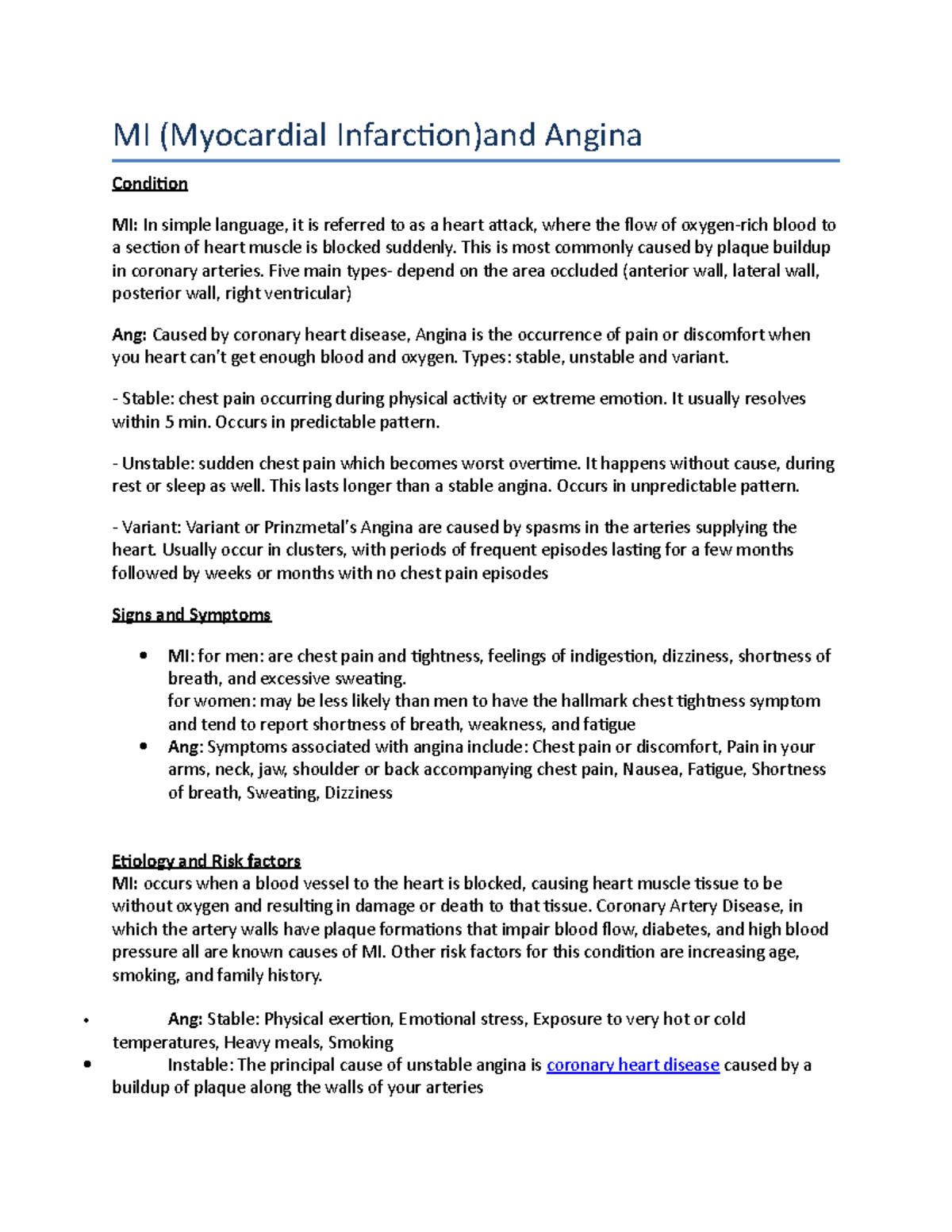 MI and Angina - Clinical Condition Pro-forma - MI (Myocardial ...