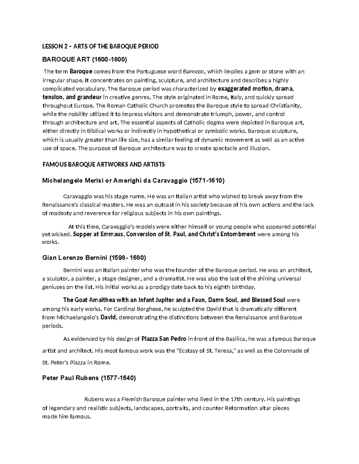 Lesson 2 Arts Q2 - notes - LESSON 2 – ARTS OF THE BAROQUE PERIOD ...