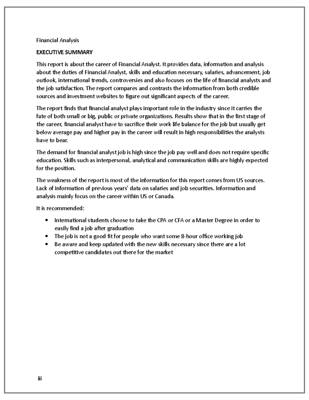 KPU CMNS 1140 Final report - Financial Analysis EXECUTIVE SUMMARY This ...