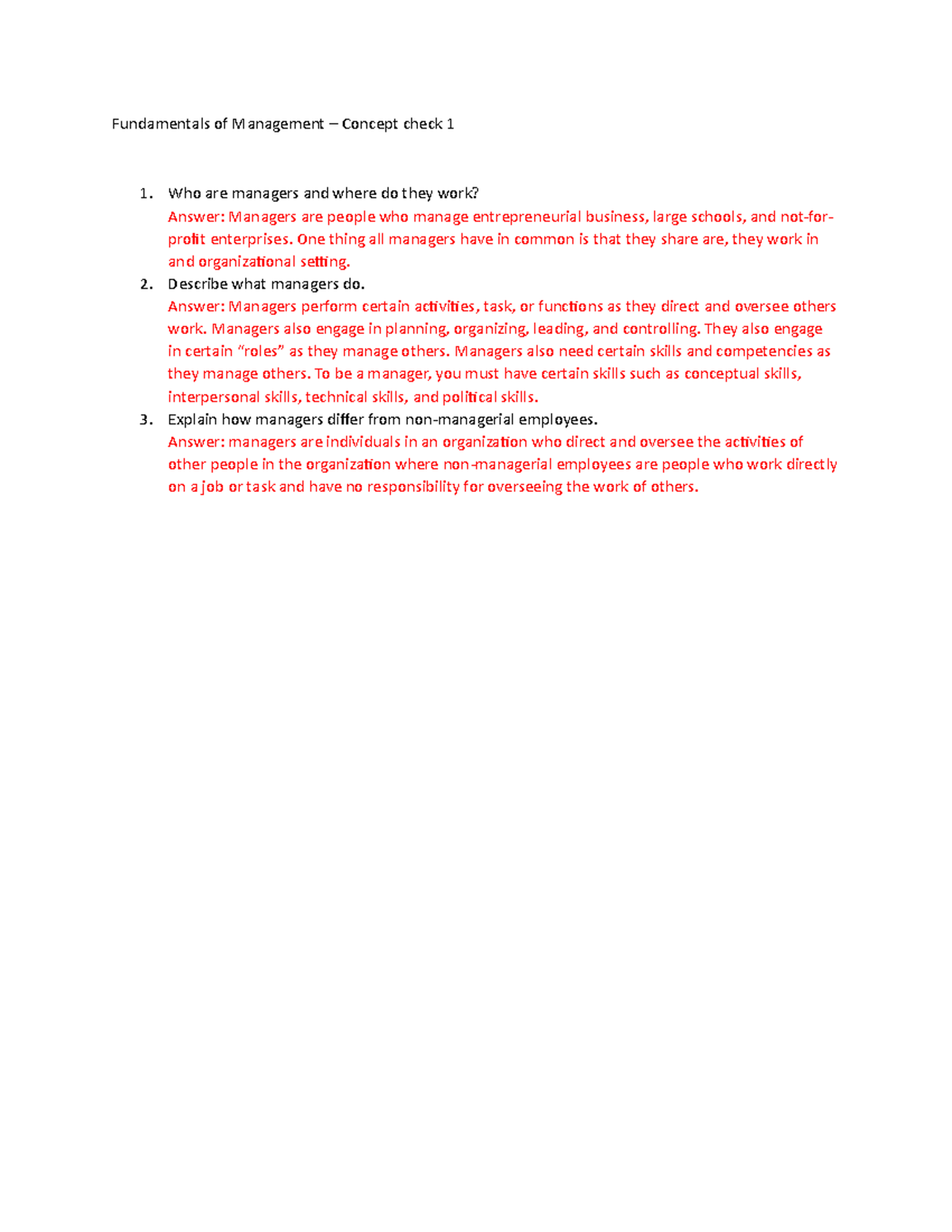 Chapter 1 - Concept Check - Fundamentals of Management – Concept check 1 Who are managers and ...