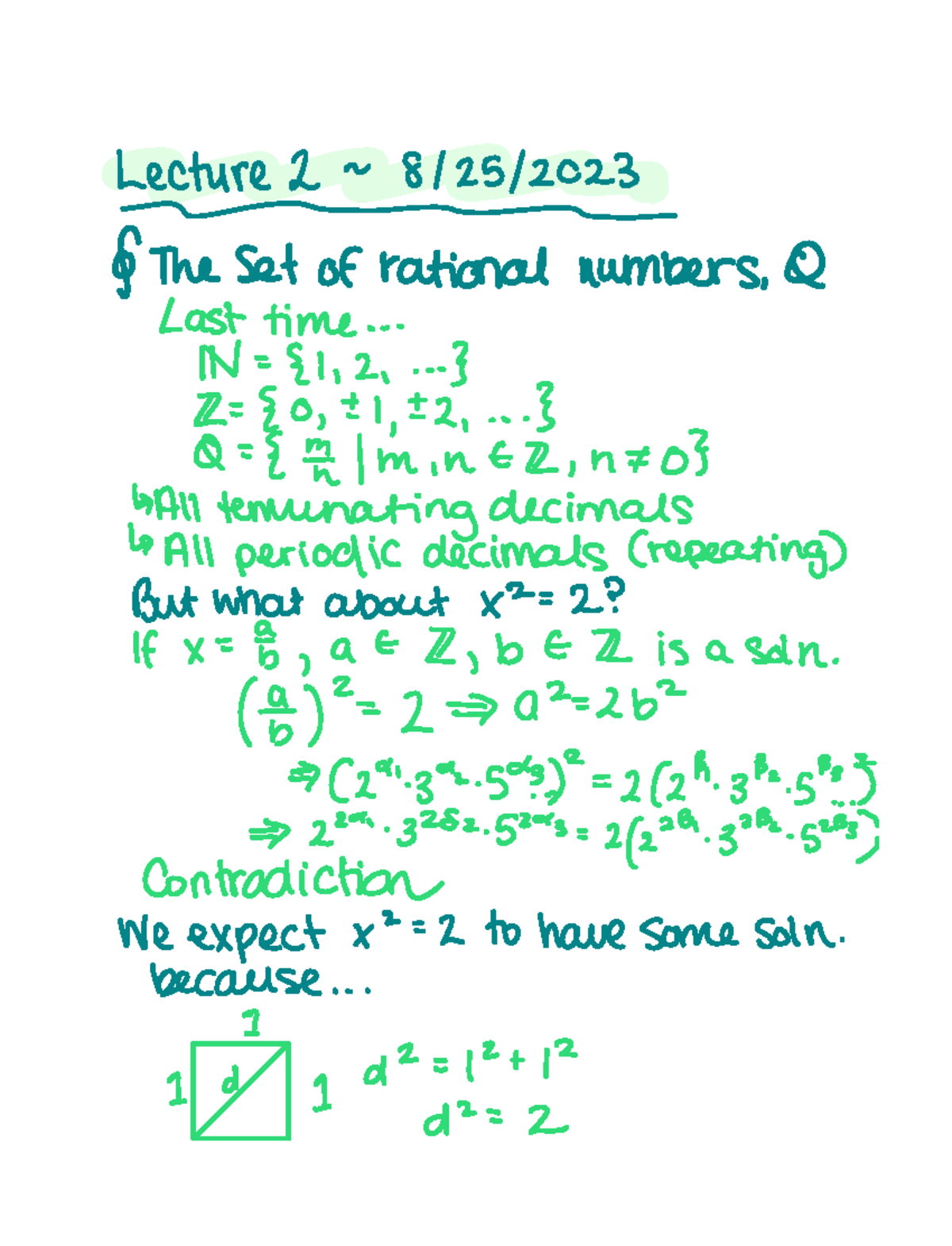 Analysis Lecture 2 - Lecture2 812512023 of the set of rational numbers Q Last time IN I 2 2 O I ...