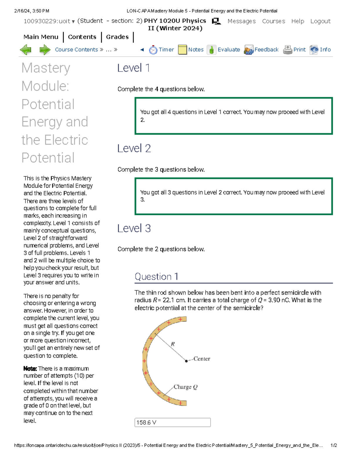 Eelctric Potential level 3 1st try - 2/16/24, 3:50 PM LON-CAPA Mastery ...
