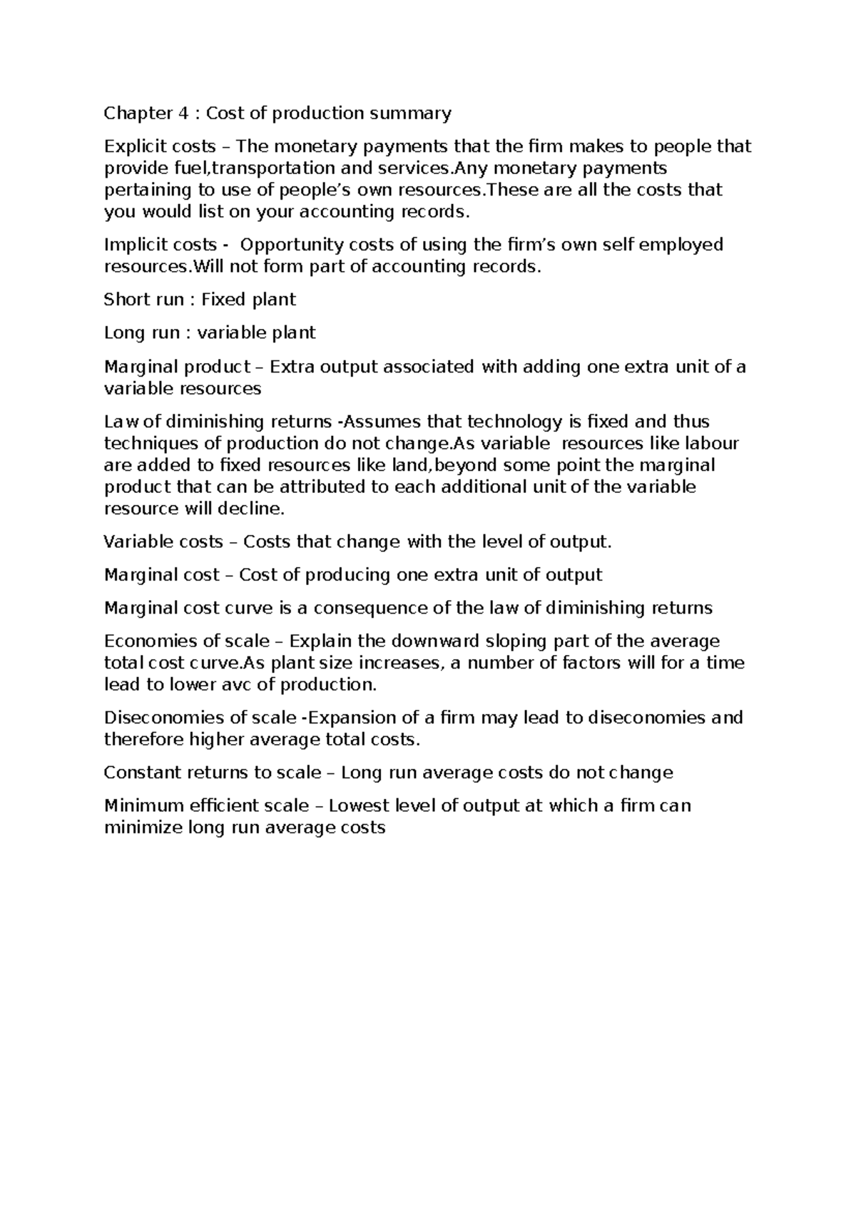 Document 1 - Cost of production summary. - Chapter 4 : Cost of ...
