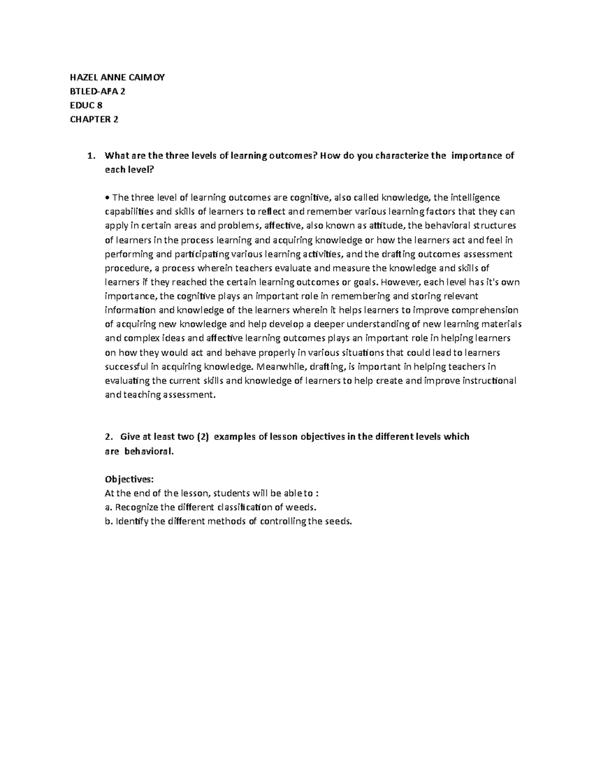 Caimoy EDUC 8 Chapter 2 - HAZEL ANNE CAIMOY BTLED-AFA 2 EDUC 8 CHAPTER ...
