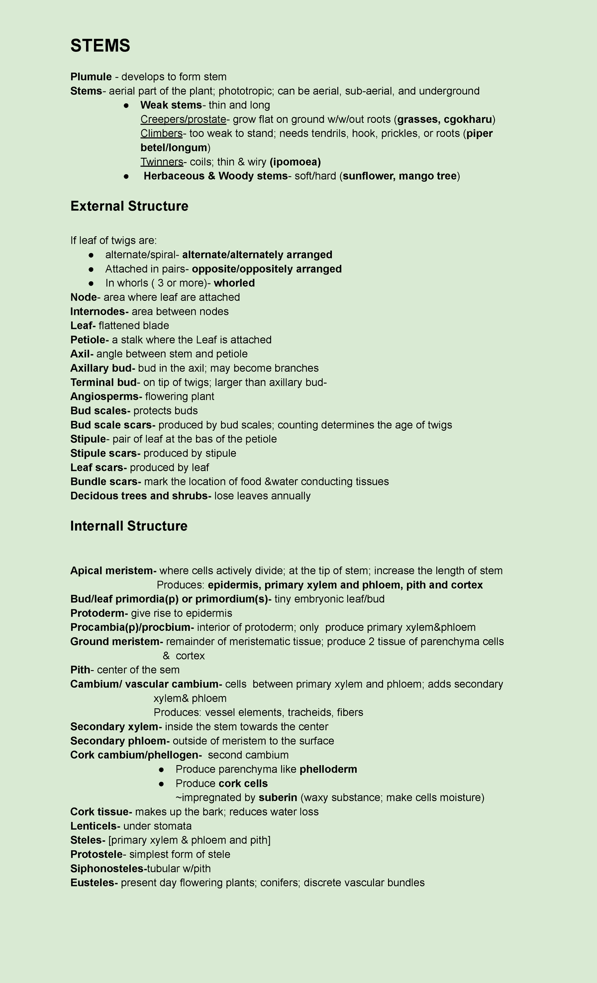 Botany reviewer - Plumule - develops to form stem Stems- aerial part of ...