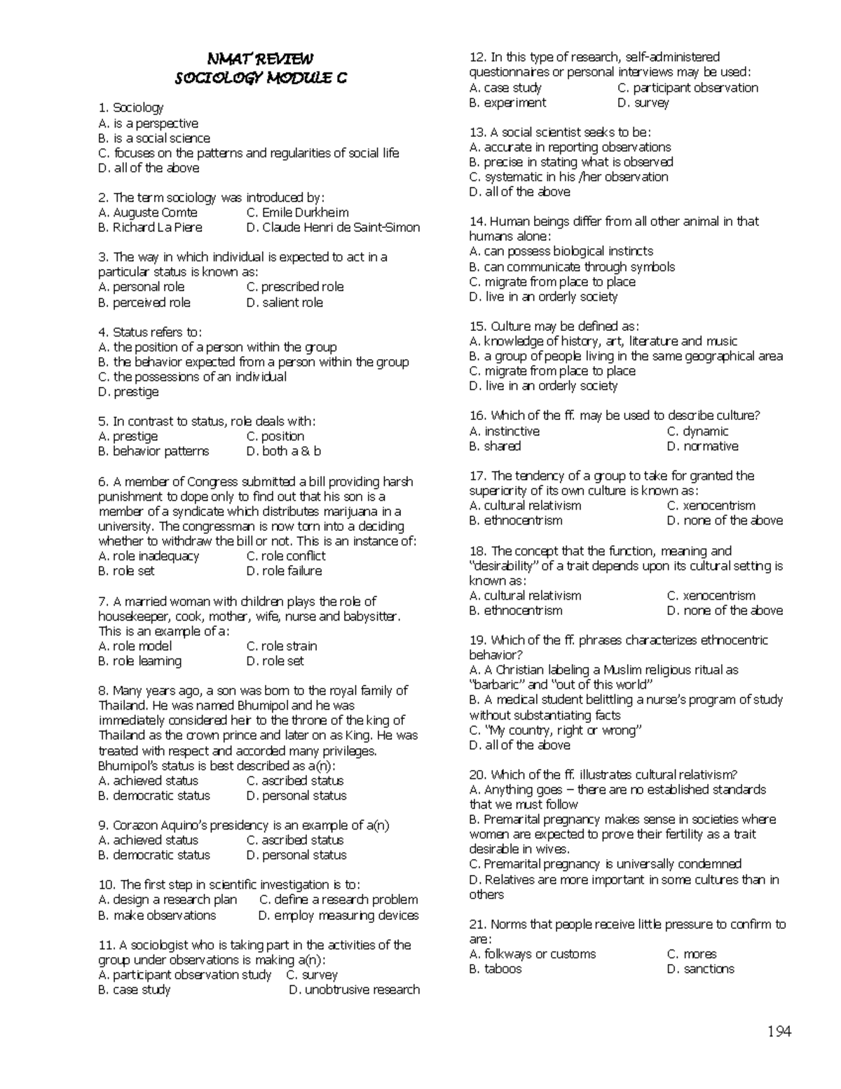NMAT questionnaire - 194 NMAT REVIEW SOCIOLOGY MODULE C Sociology A. is ...