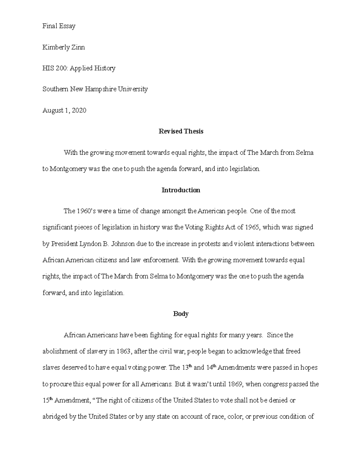 Kimberly - Final Essay. Voting Rights Act of 1965 - Kimberly Zinn HIS ...