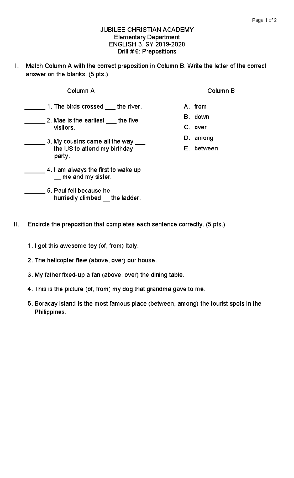 G3 English Drill # 6 Prepositions - Page 1 of 2 JUBILEE CHRISTIAN ...